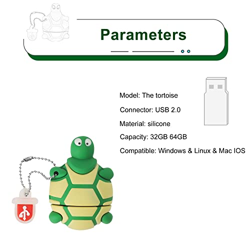 64GB USB Flash Drive Cute Turtle-Shaped, BorlterClamp Funny Memory Stick Cute USB 2.0 Drive Novelty Thumb Drive for External Data Storage, Green