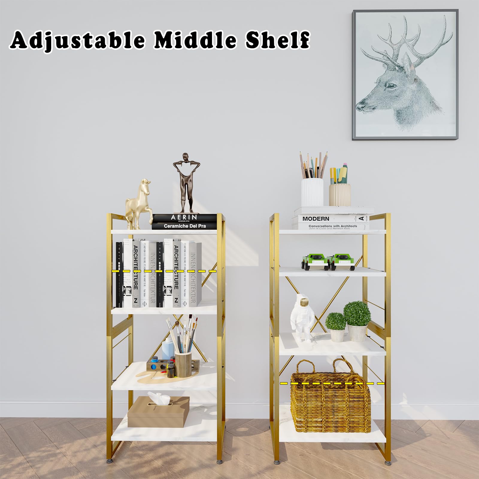 Azheruol 4 Tiers Bookshelf Adjustable White Faux Marble Organizer, Modern Small Bookcase for Small Space,Industrial Wooden Storage Display Rack and Storage Organizer for Living Room Home Office(Glod)