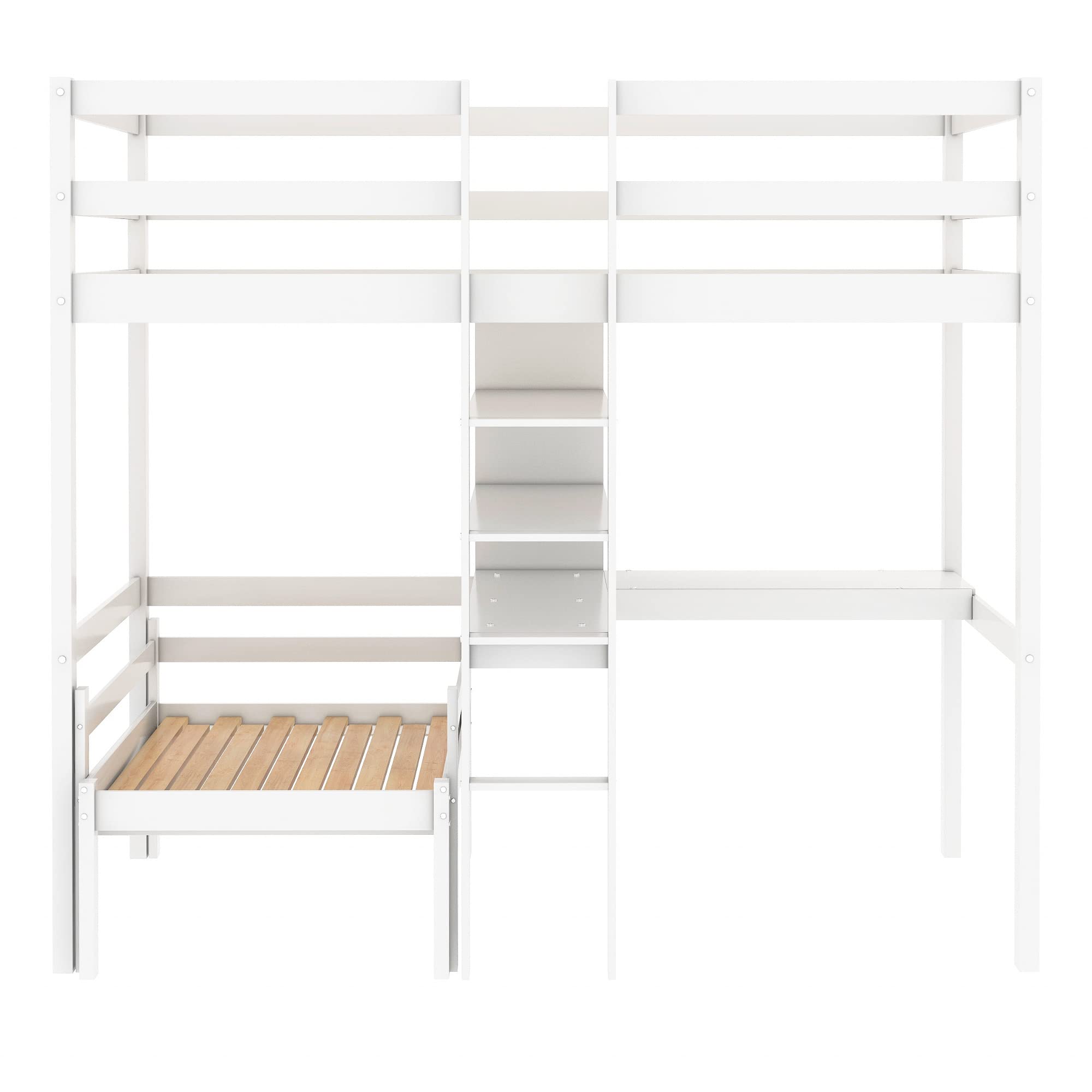 BIADNBZ Wooden Full Size Loft Bed with Desk and Shelves, Wood High Loftbed Frame for Kids/Teens Bedroom, Space Saving/No Box Spring Needed, White