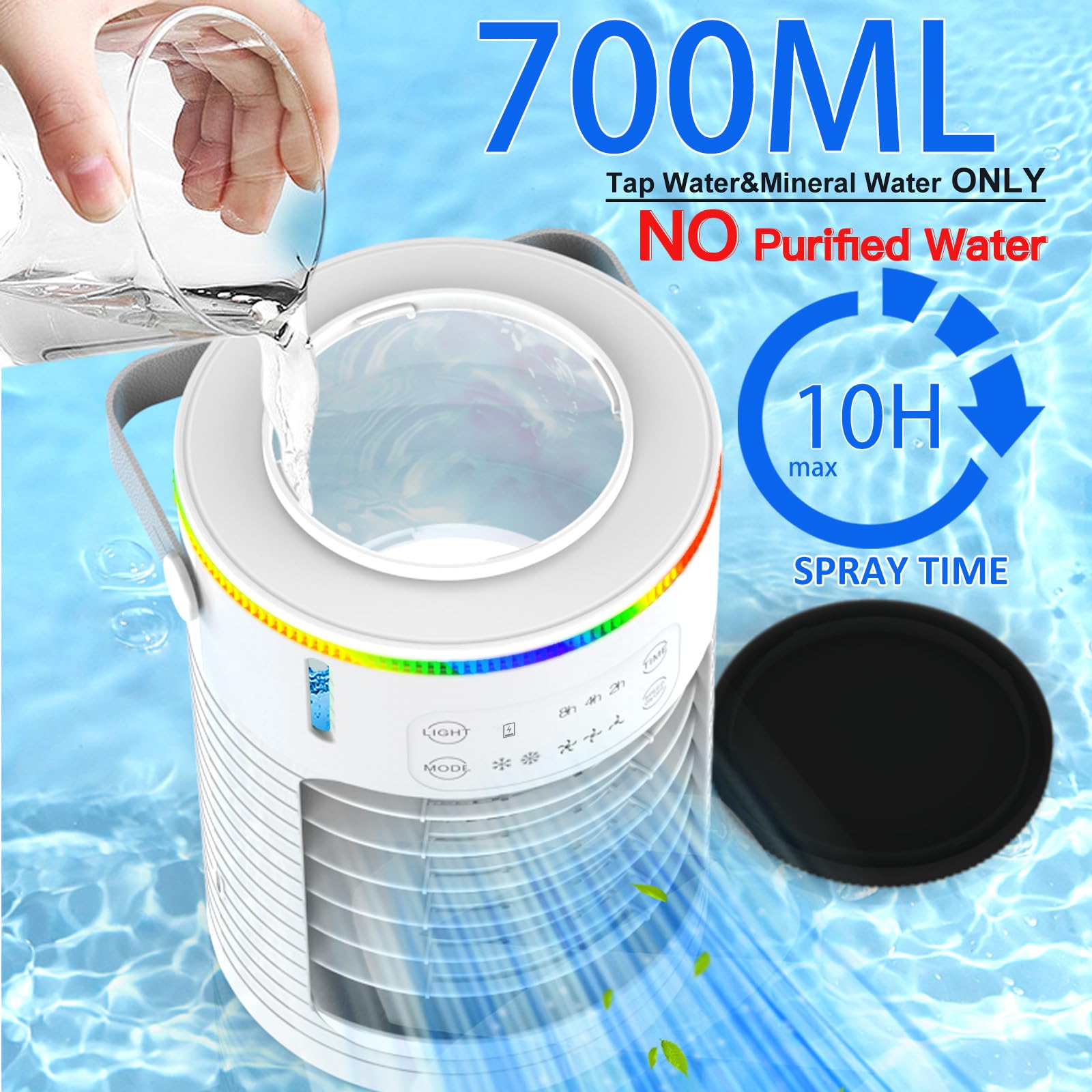 Azoiito Portable Air Conditioners,Small Air Conditioner with 2 Mist&3 Timer&7 Colors Night Light,Evaporative 3 Speed Personal Air Cooling Fan,Mini Desk Air Cooler AC Fan for Car, Office Camping