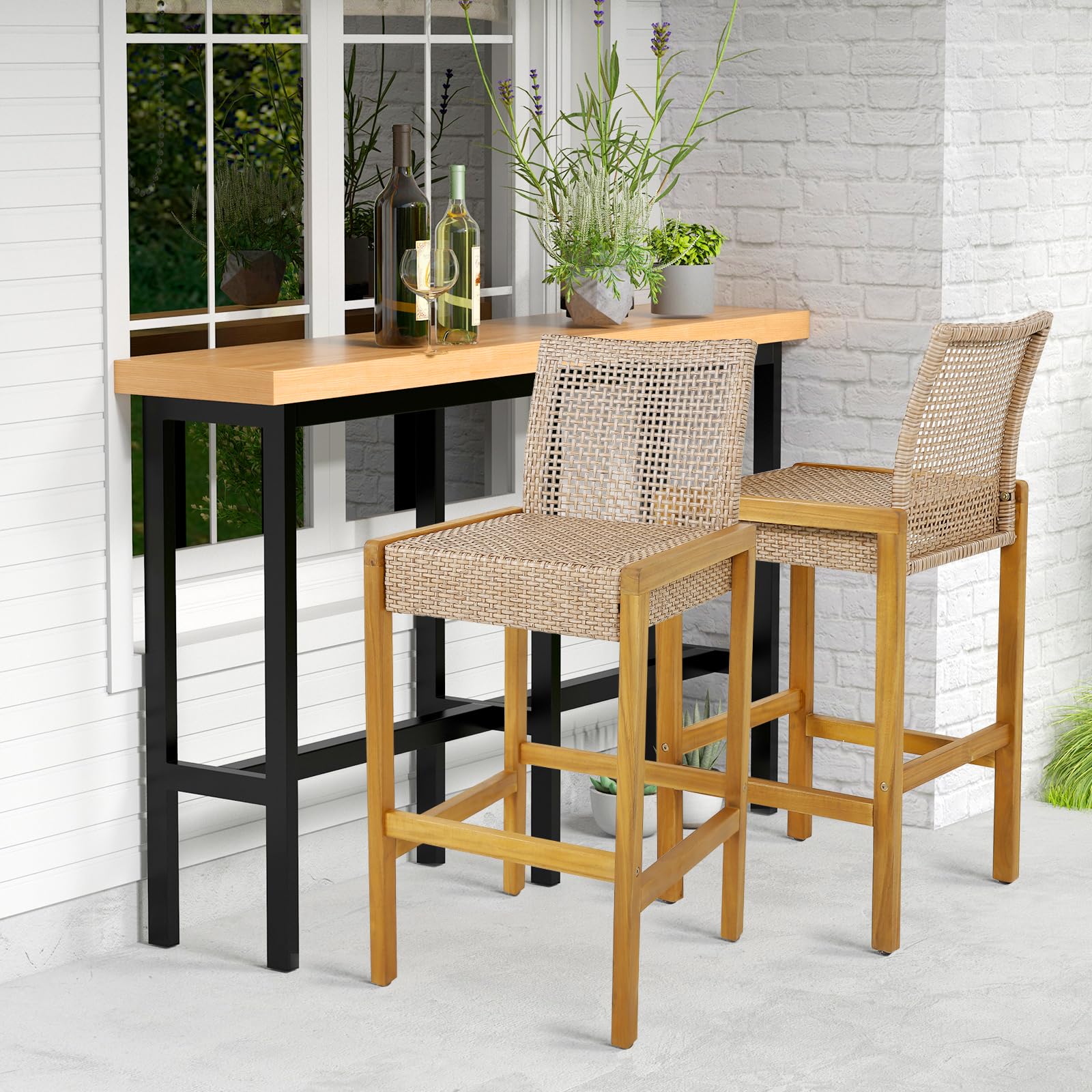 Tangkula Patio Wood Barstools Set of 2, PE Rattan Bar Height Chairs with Backrest, Stable Metal Frame, 400 lbs Max Load, Light Brown PE Wicker Bar Chairs for Porch, Backyard, Balcony (2)