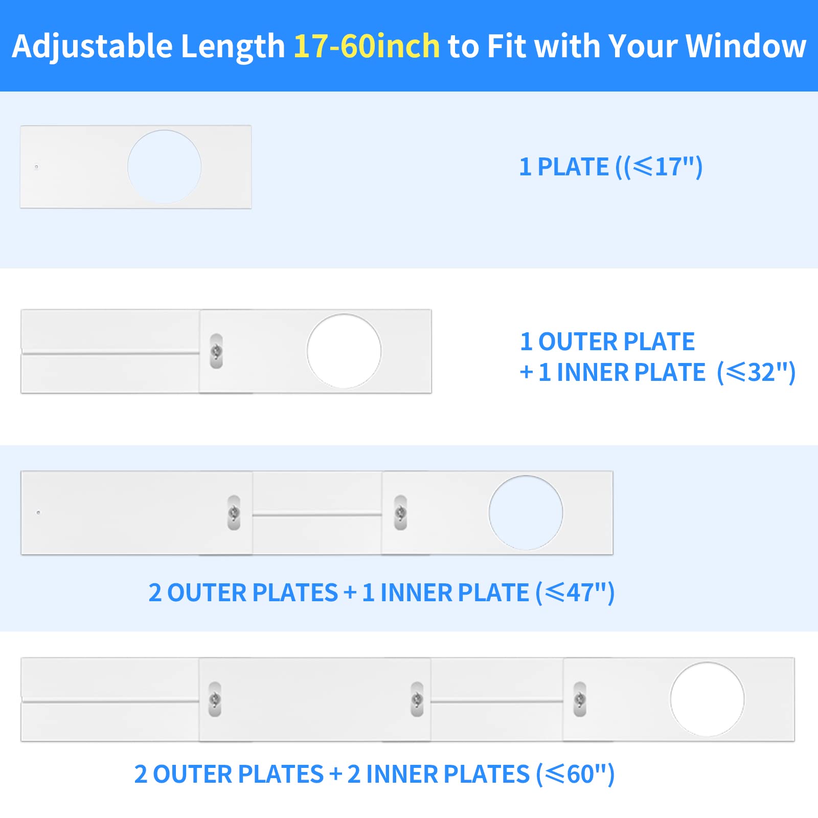Portable AC Window Vent Kit with 5.9" Coupler, Pawcute Sliding Air Conditioner Plate Kits for Sliding Window, Adjustable 17-60 inch Portable AC Window Seal Plates for 5.9inch Exhaust Hose