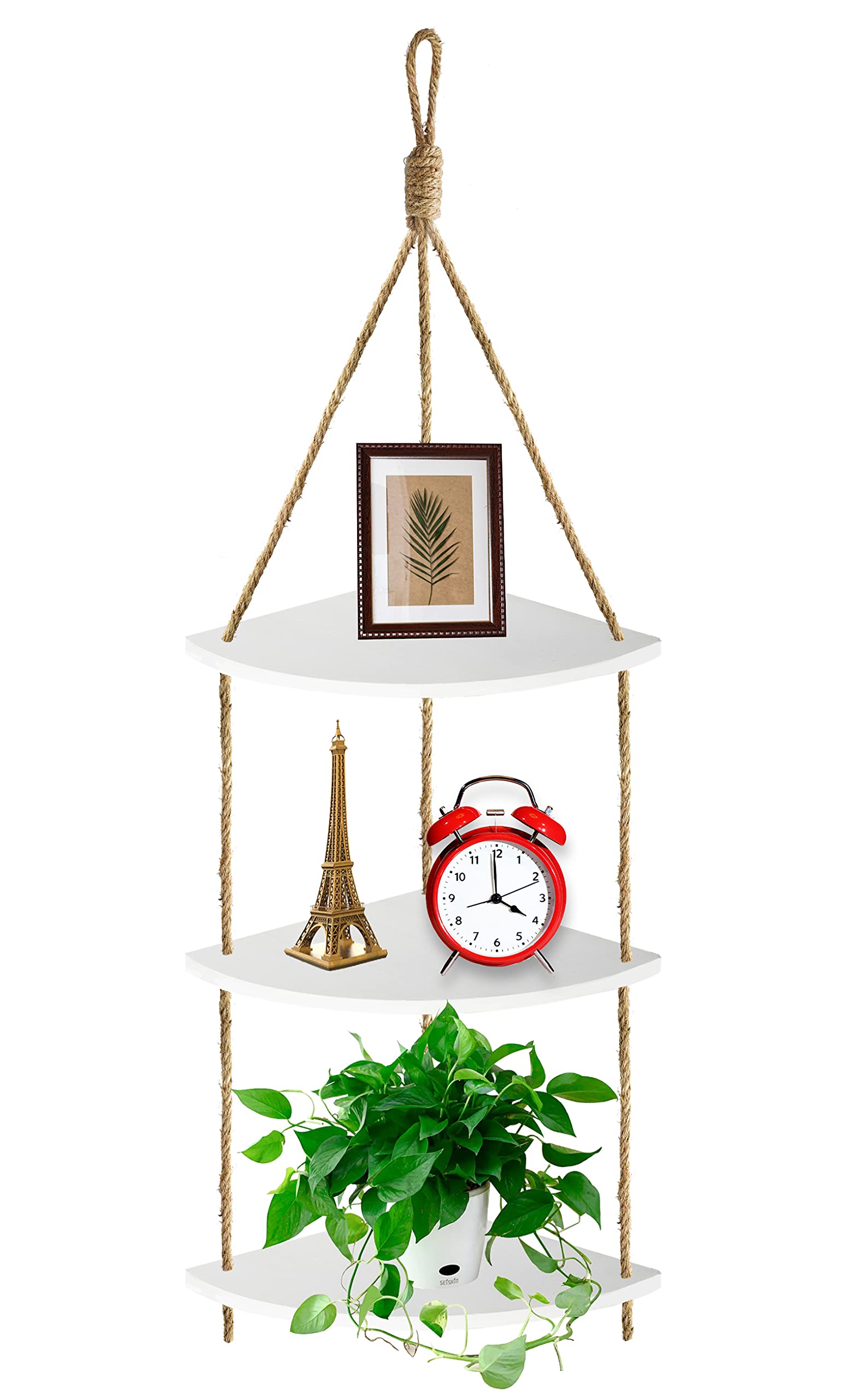 Tirzah 3-Tier Hanging Wall Corner Shelf with Rope, 9 inches White Real Wood Circular Sector Floating Shelf for Home Decor, Kitchen Organizer