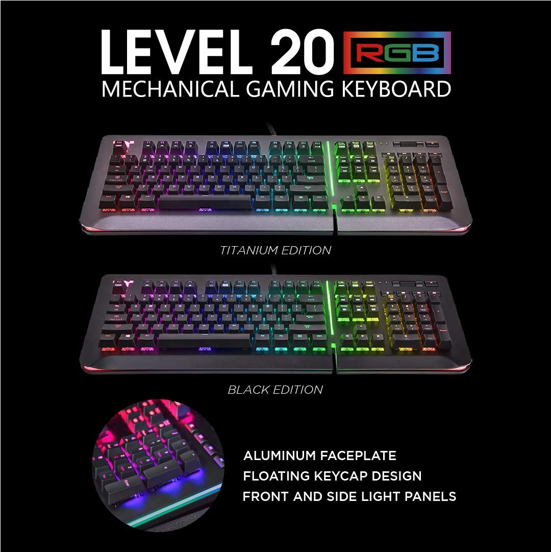 Thermaltake Level 20 RGB Titanium Aluminum Gaming Keyboard Cherry MX Blue Switches, 16.8M Color RGB, 32 Color Zone Options, Alexa Voice Control & Razer Chroma Sync Compatible, KB-LVT-BLSRUS-01