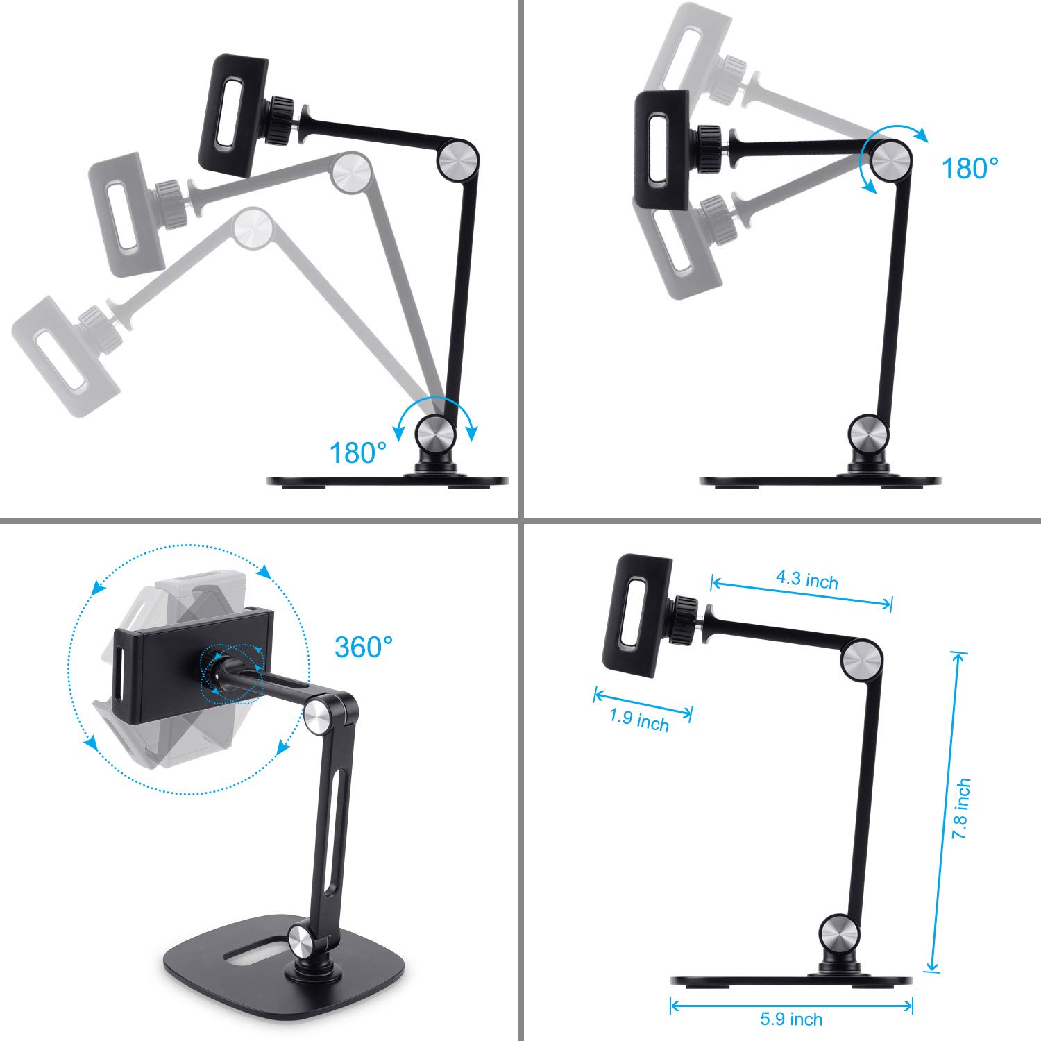 B-Land Adjustable Tablet Stand, Desktop Tablet Holder Stand Foldable Phone Stand with 360° Swivel Phone Clamp Mount Holder, Compatible with 4-13" Tablets/Phones,Nintendo Switch, Kindle (Solid Black)