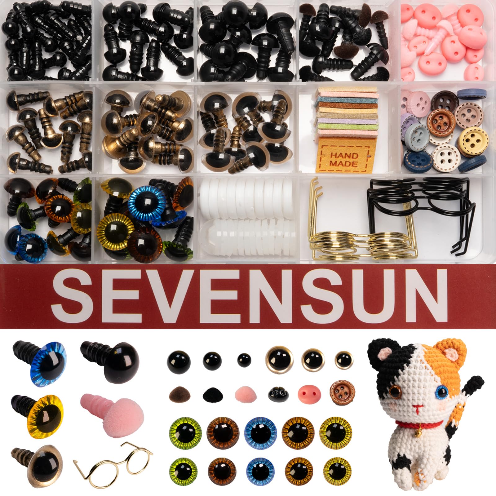 SEVENSUN Safety Eyes for Amigurumi 247 PCS, Crochet Glasses Noses and Buttons, Various Designed Crochet Accessories, Stuffed Crochet Eyes with Washers, Craft Doll Eyes and Nose