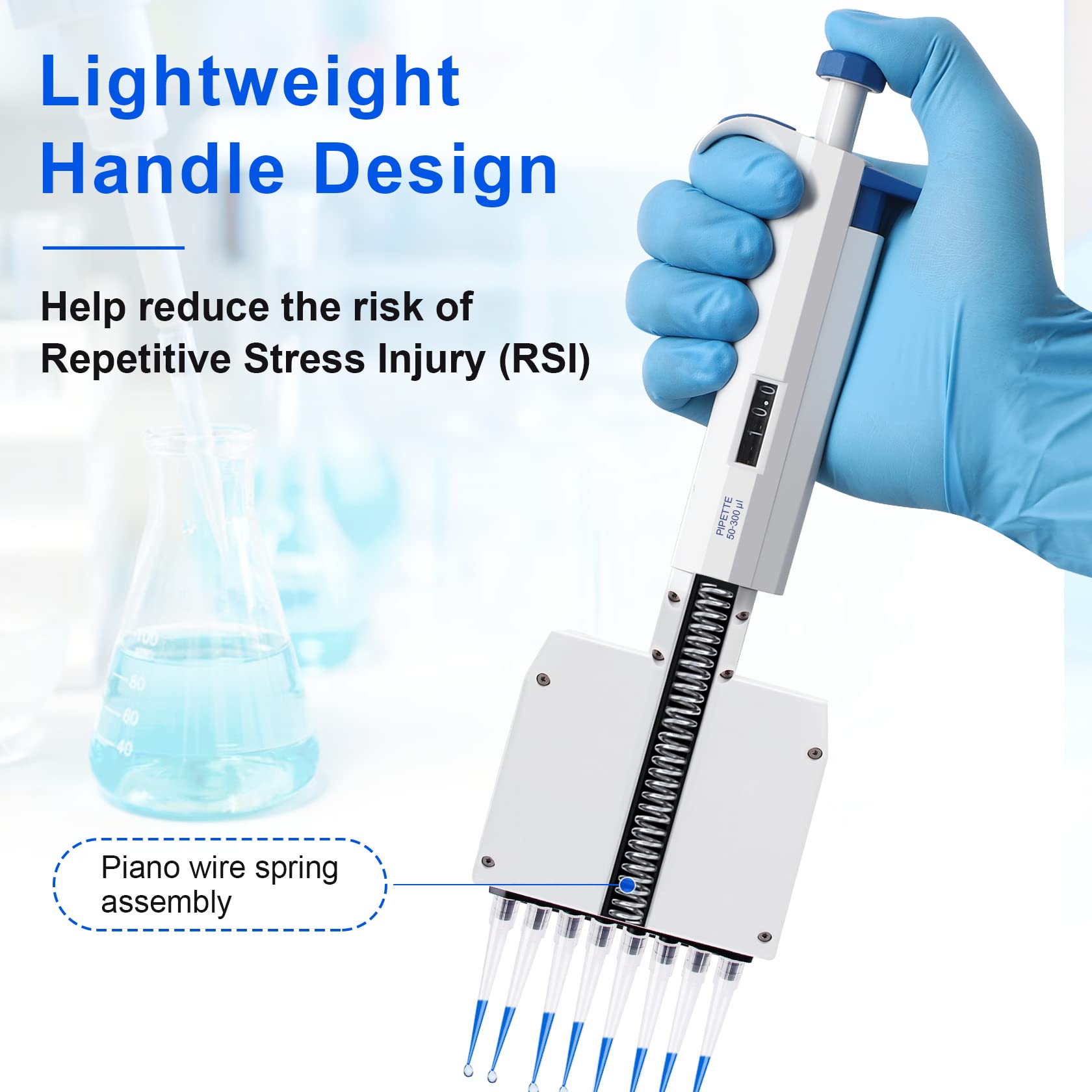 FOUR E'S SCIENTIFIC Multichannel Pipette 8 Channels Adjustable Volume Pipettor, 50-300uL