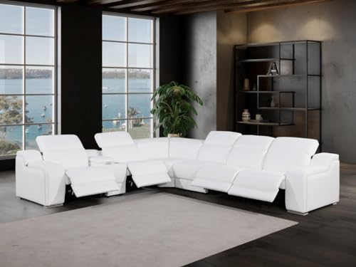 BlackJack Furniture Ibero 7-Piece Italian Leather Sectional Reclining Sofa Set with 4 Power Recliners, Adjustable Headrests, USB and Wireless Phone Charger, and Console Storage, White