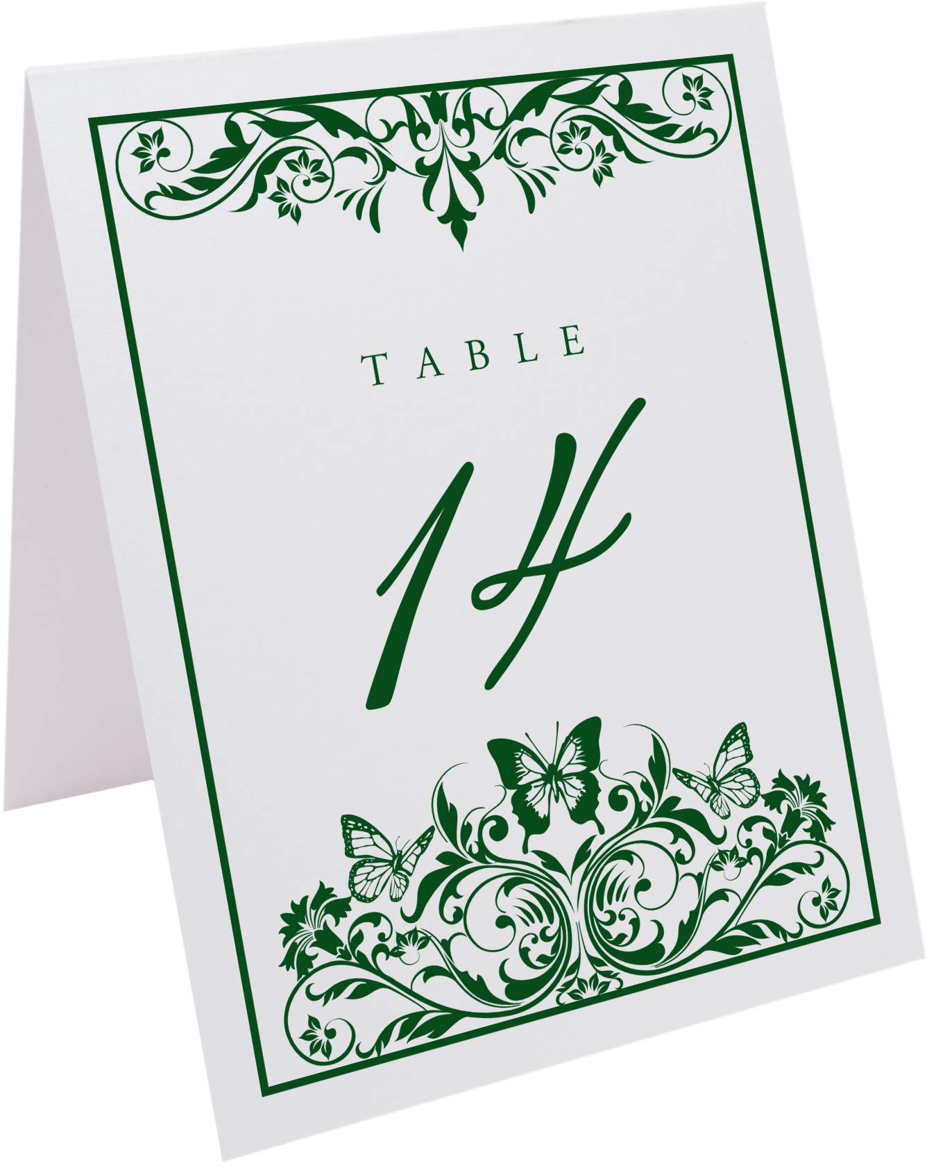 Butterfly Flourish Wedding Table Numbers (Select Color/Quantity), White, Hunter Green, 1-15, Double Sided, Tent or Use in a Stand, Great for Parties & Restaurants