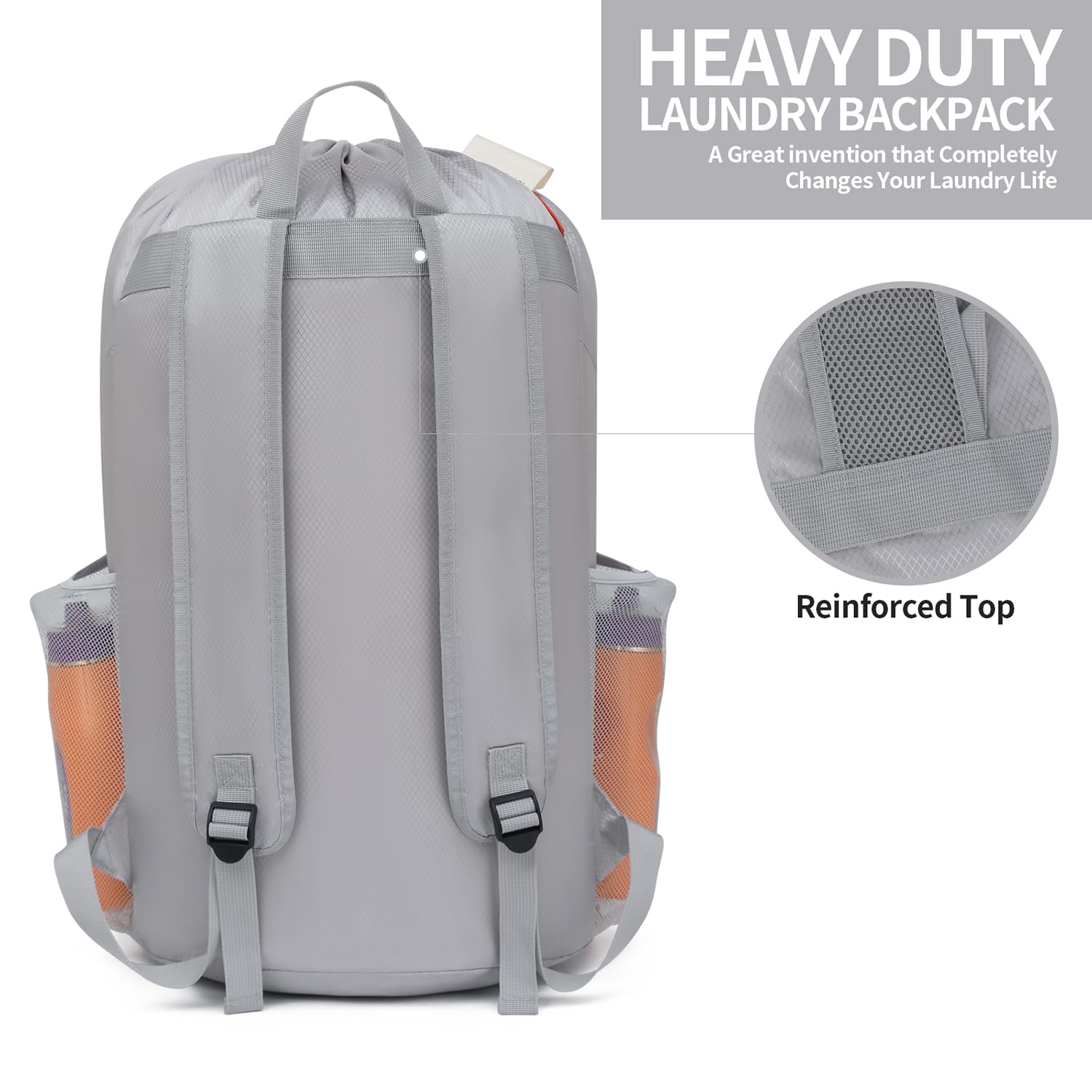 Polecasa Durable Backpack Laundry Bag with Padded Shoulder Straps, 130gsm Tear Resistant Fabric and Multi Pockets, Large Waterproof Dirty Clothes Drawstring Bag for Dorm, College, Silver