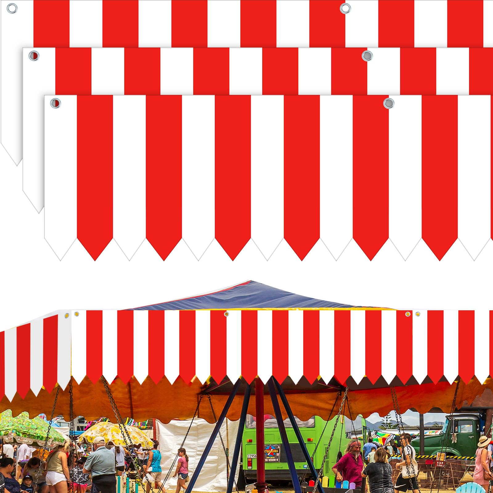 SmoothNovelty Carnival Tent Circus Theme Party Decorations White and Red Striped Circus Awning Decor 3D Awning Circus Tent Canopy for Mardi Gras Carnival Theme Party Decor, 9.84 x 78.74 Inch (3 Pcs)