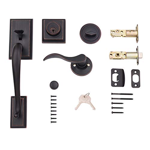 Amazon Basics Modern Exterior Door Handle with Right-Hand Wave Door Lever and Deadbolt Lock Set, Oil Rubbed Bronze
