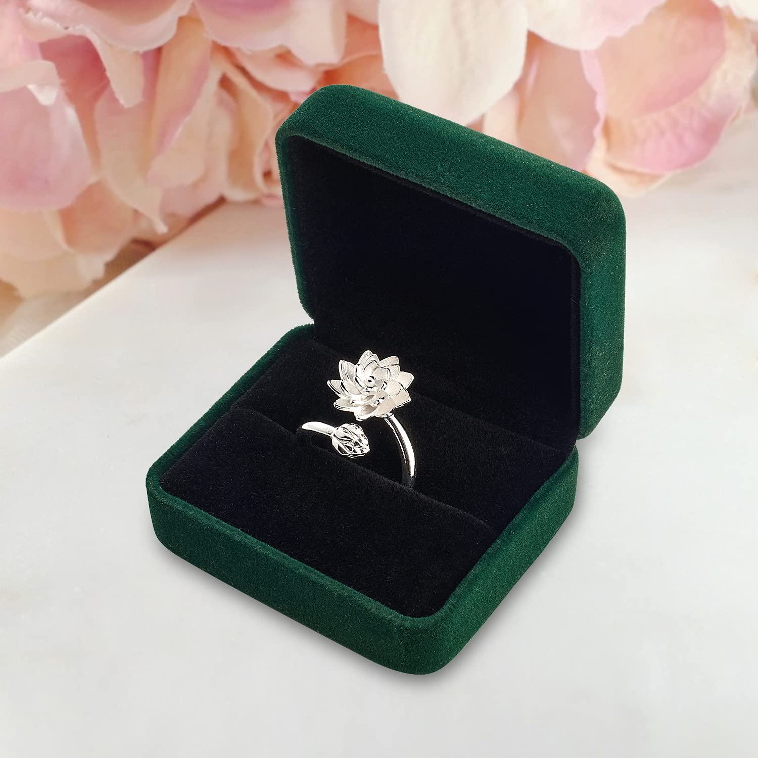 990 Silver Fidget Ring [Lotus Version] for women and girls, adjustable size anxiety relief gift for her (with premium black-green box)