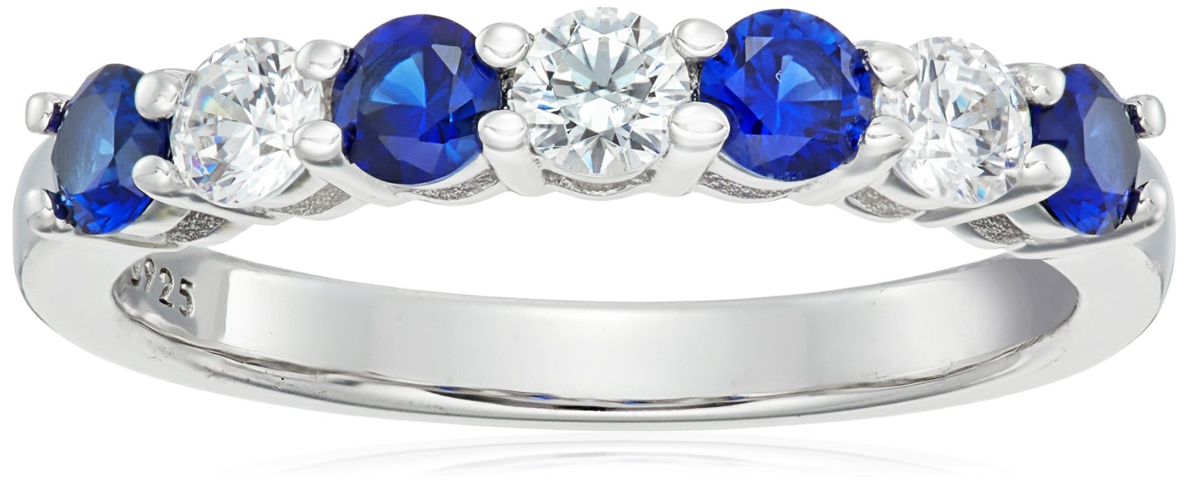 Amazon Essentials Platinum-Plated Sterling Silver Infinite Elements Cubic Zirconia 7-Stone Round-Cut and Created Sapphire Ring size 9, (previously Amazon Collection)