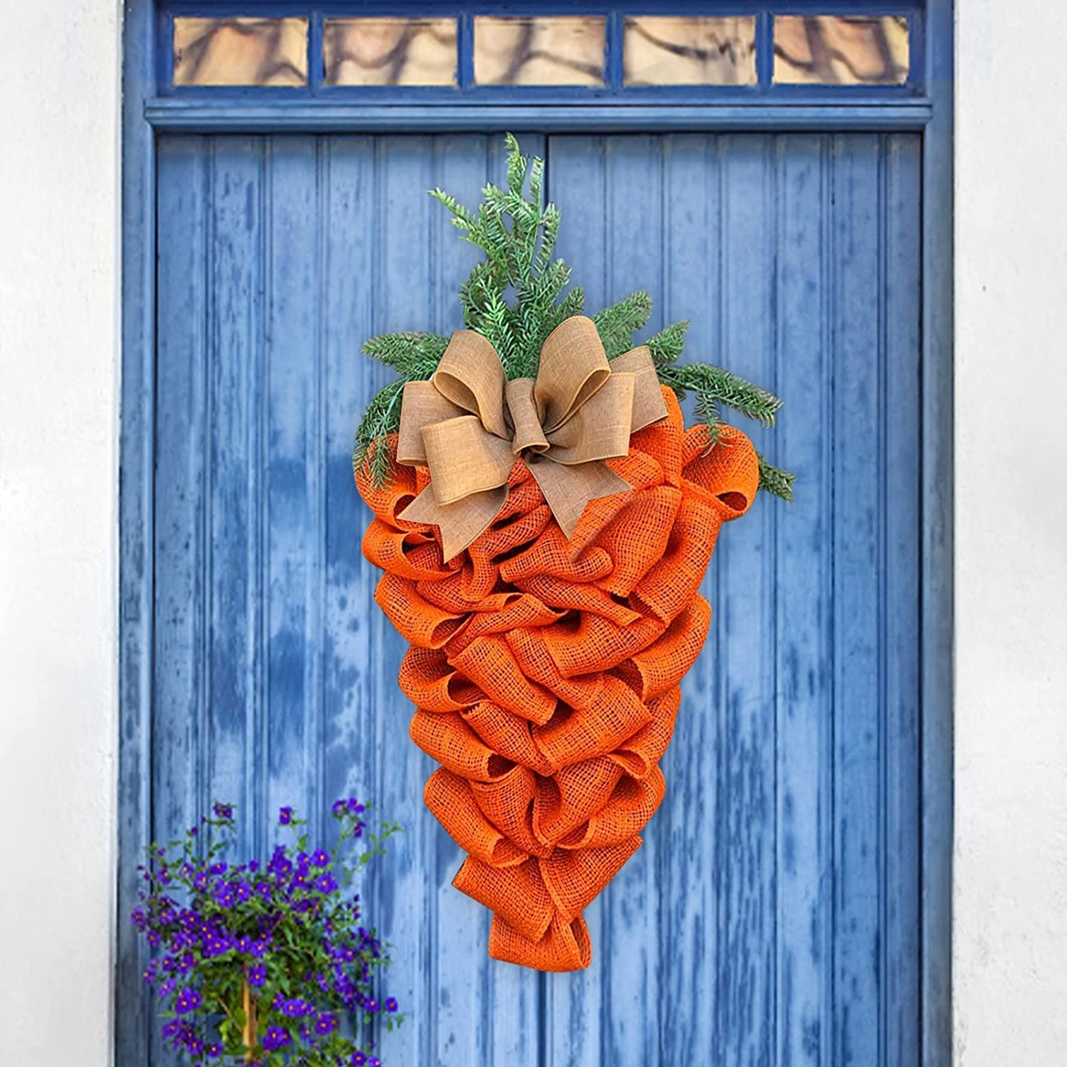 Easter Bunny Carrot Shape Wreath for Front Door Decoration,Artificial Carrot Wreath with Burlap Bow Simulation Carrot Hanging Wreath,for Home Festival Decor,Spring Garden Decoration,Easter Gift