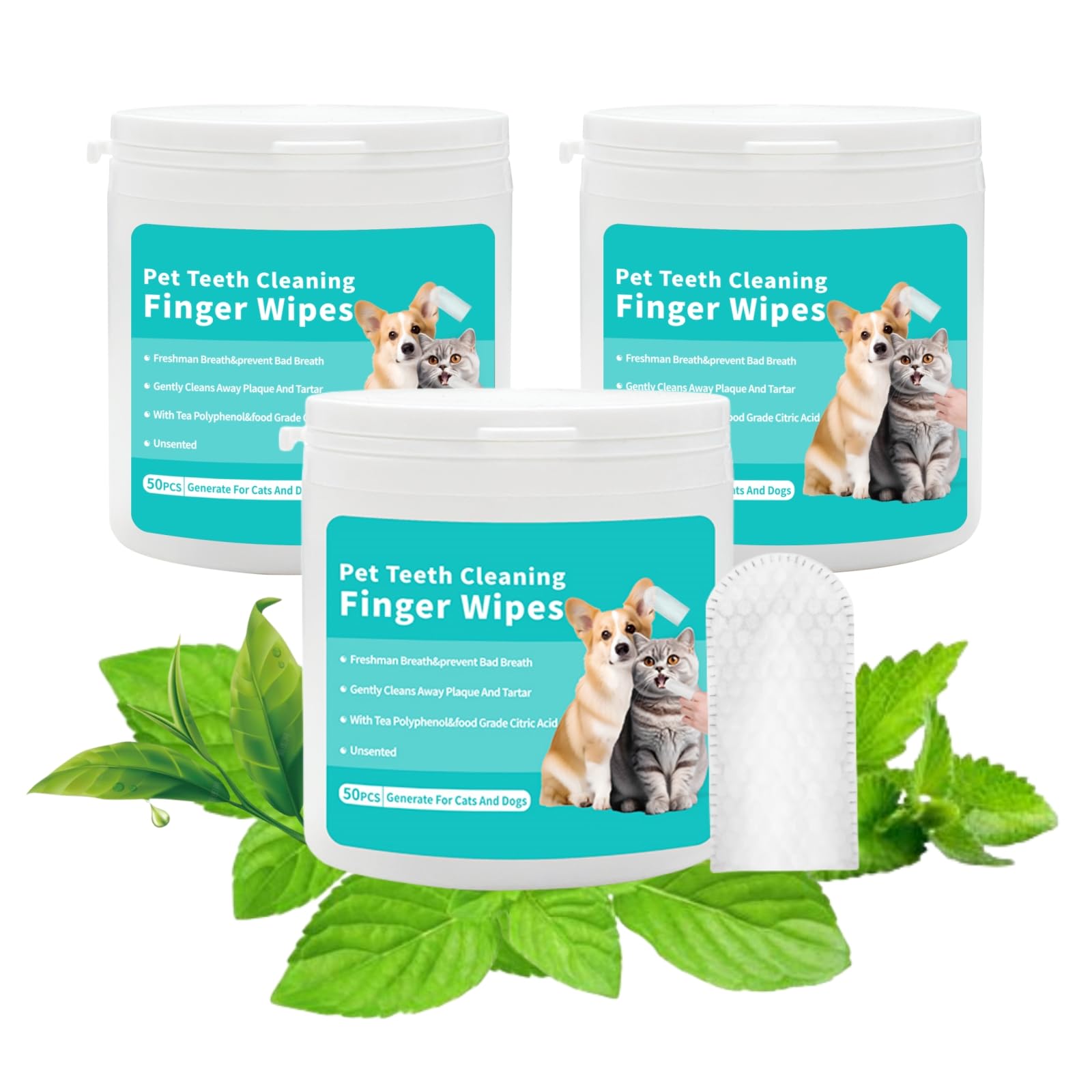 Jerrlin WoWs 3Pack Pet Teeth Cleaning Wipes for Dogs & Cats 150 Counts Reducing Plaque & Tartar, Breath Freshener Dental and Gum Care Finger Pet Wipes