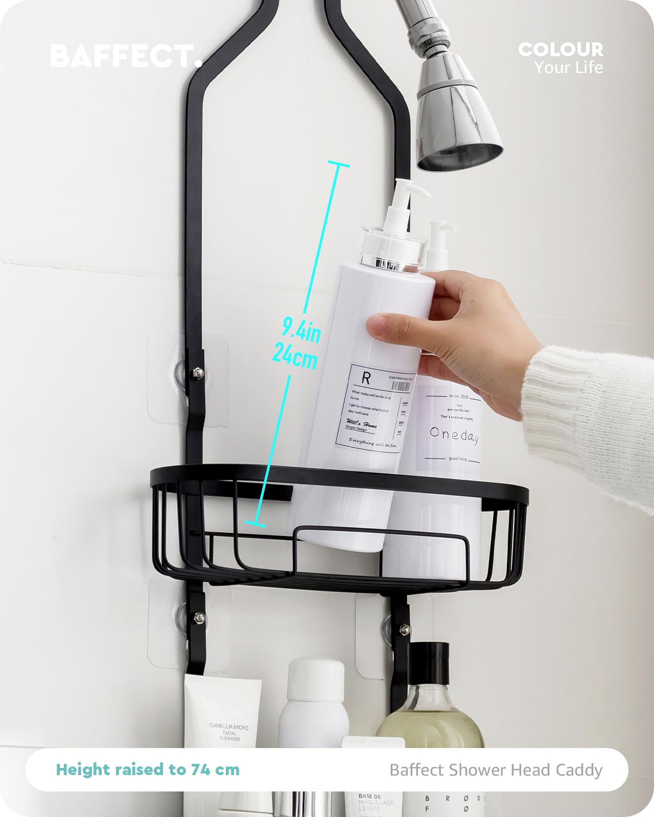 Baffect Shower Head Caddy, Upgraded Extended Metal Shower Storage Rack, Rust-Resistant Bathroom Organizer with Soap Holder and Hooks (Matte Black)
