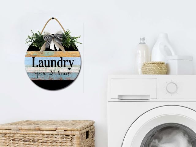DLONVOH Laundry Open 24 Hours Laundry Sign For Laundry Room Rustic Wood Laundry Room Wall Decor Funny Farmhouse Laundry Decoration for Wash House