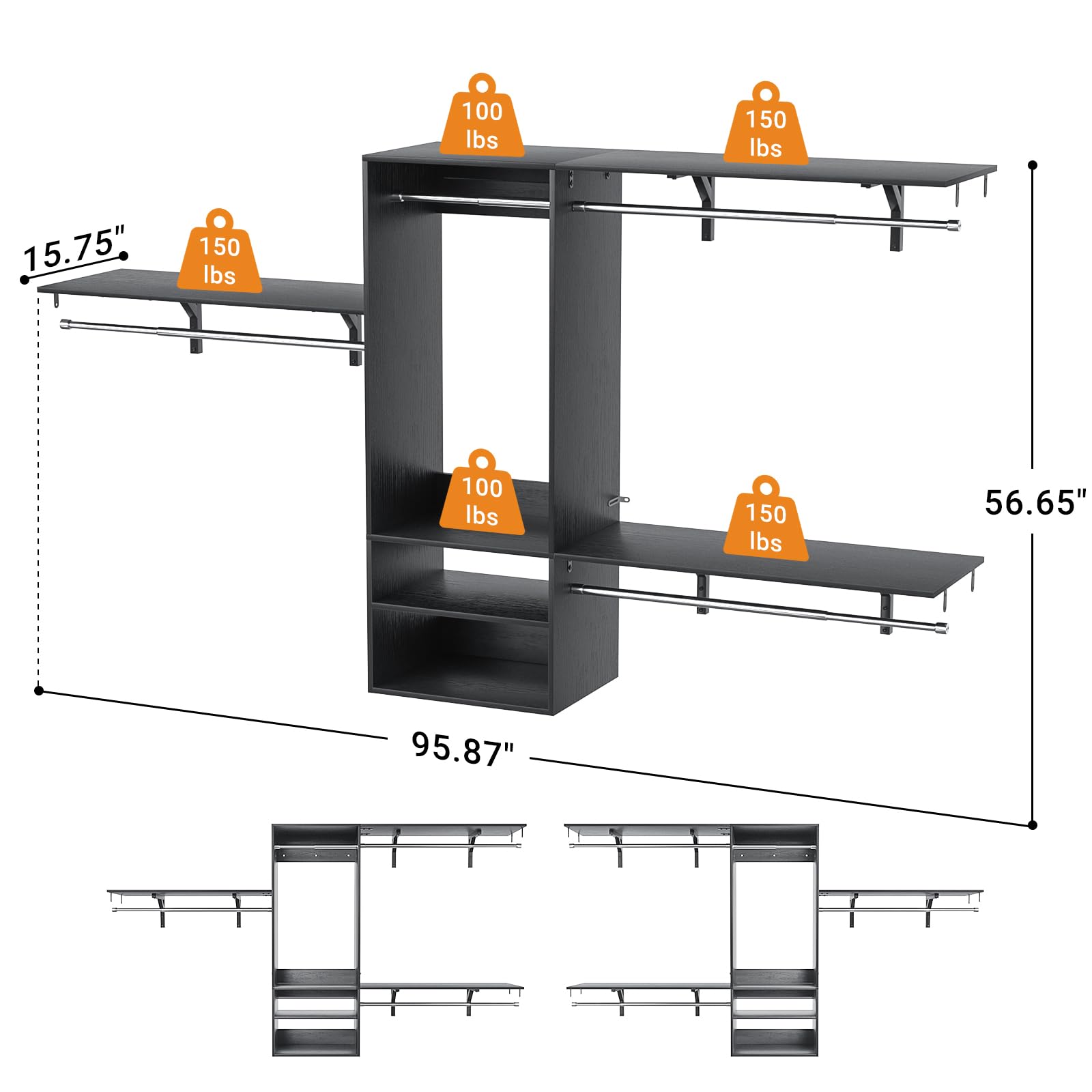Besiost 96 Inch Hanging Closet System, 8 FT Closet Organizer System with Hanging Rod, Walk In Mounted Closet System, Built-In Clothes Garment Rack with 3 Shelving Towers(Can Be Cut To Fit), White