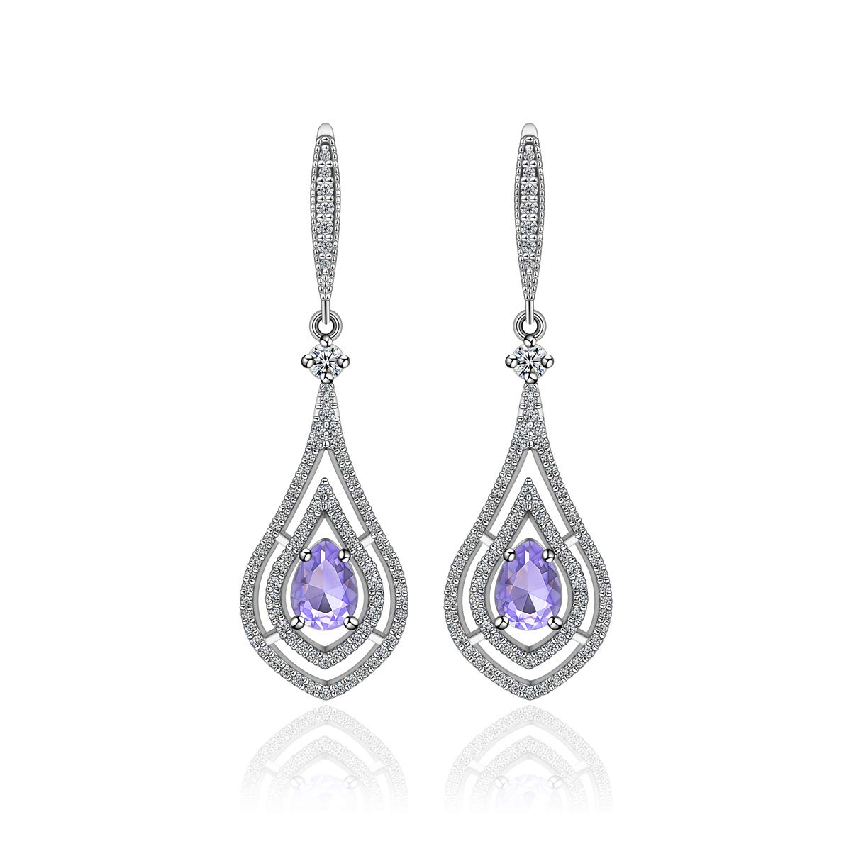 Amethyst Dangle Earrings for Women - Long Silver Teardrop Purple Crystal Cubic Zirconia CZ Chandelier Drop Earrings for Wedding Party Prom Bridal Earring for Bride Bridesmaids Birthstone Jewelry