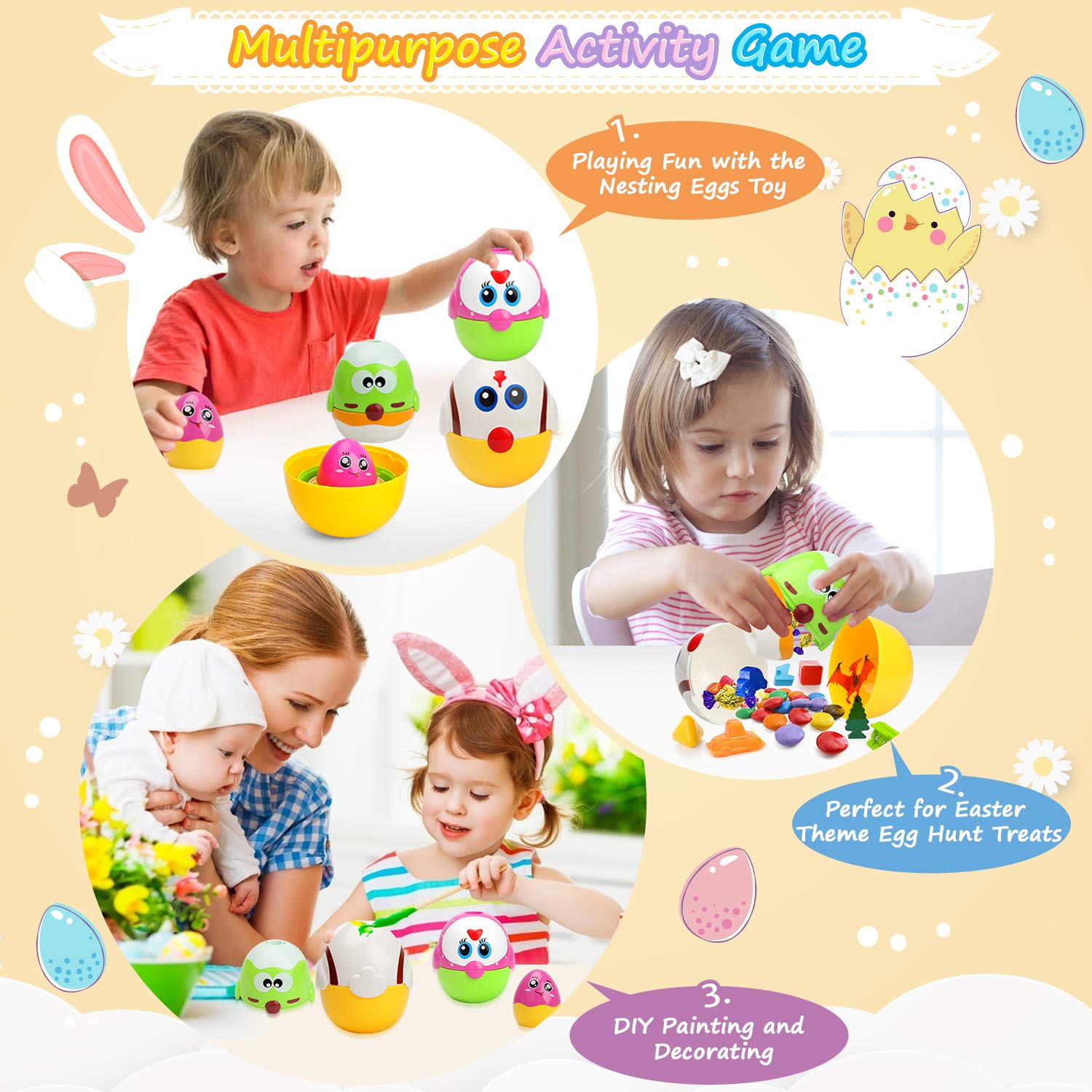 Easter Egg Toys for Toddler, 8 Pcs Nesting & Stacking Chicks Matching Toys for 18 months, 2, 3+ Yr Old, Plastic Eggs Fillable, Easter Basket Stuffers, Gift for Girl Boy Easter Party Favor, Easter Hunt