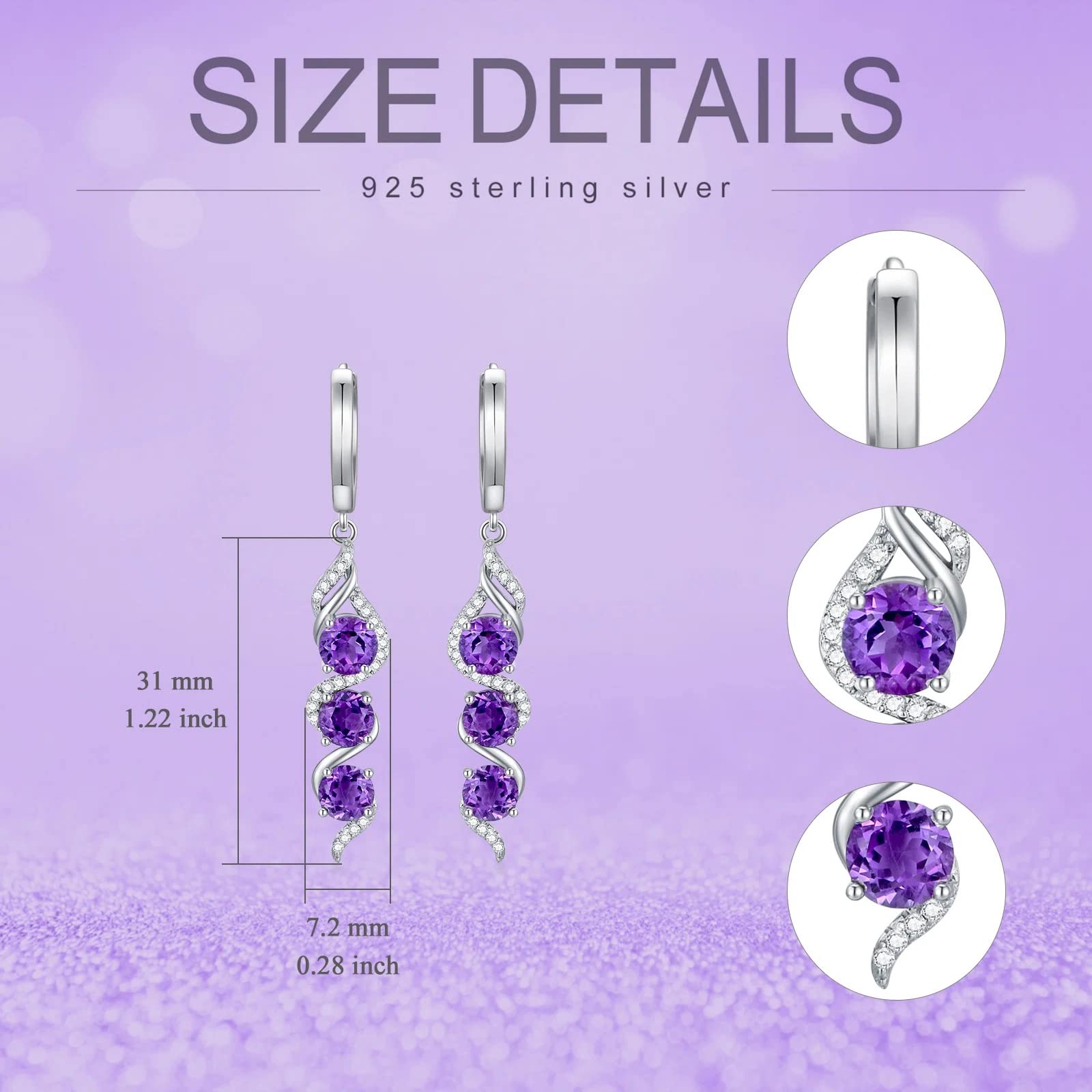 Amethyst Earrings 925 Sterling Silver 5mm Round Natural Amethyst Dangle Drop Earrings Jewelry for Women Gifts