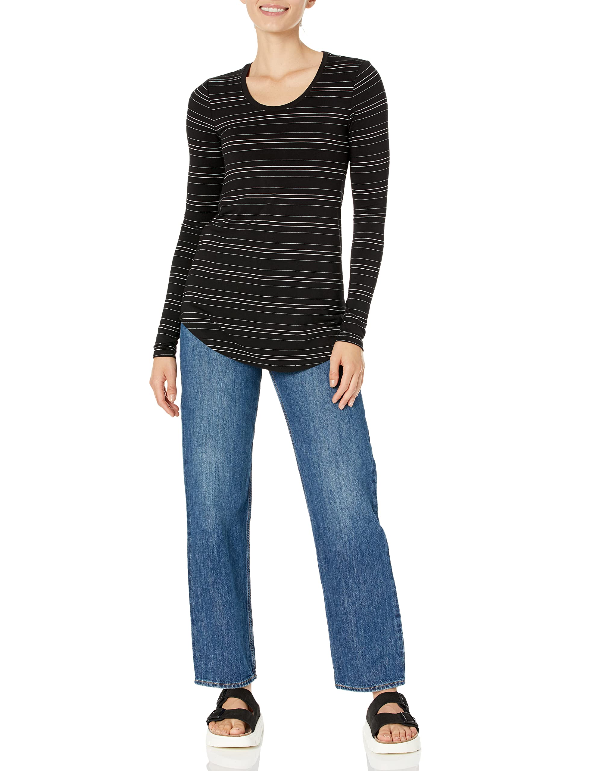 Amazon Essentials Women's Jersey Relaxed-Fit Long-Sleeve Scoopneck Swing Tunic (Previously Daily Ritual), Black, Medium