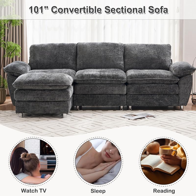 AZSJML 101'' Sectional Cloud Sofa Couch, Chenille L-Shaped Deep Seat Modular Sofa Couch for Living Room, Modern Upholstered 3-Seat Sofa with Ottoman, Comfy Oversized Couch for Apartment, Grey-1