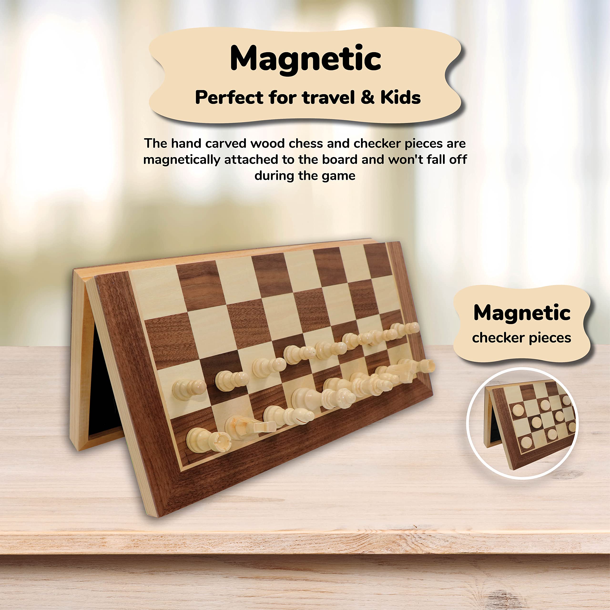 Funshpiel Magnetic Wood Checkers and Chess Set – Premium Handcrafted Chess Board Set with 2 Extra Queens, Chess and Checkers Set for Kids and Adults, Compact and Foldable Design, 15-inch Board Games