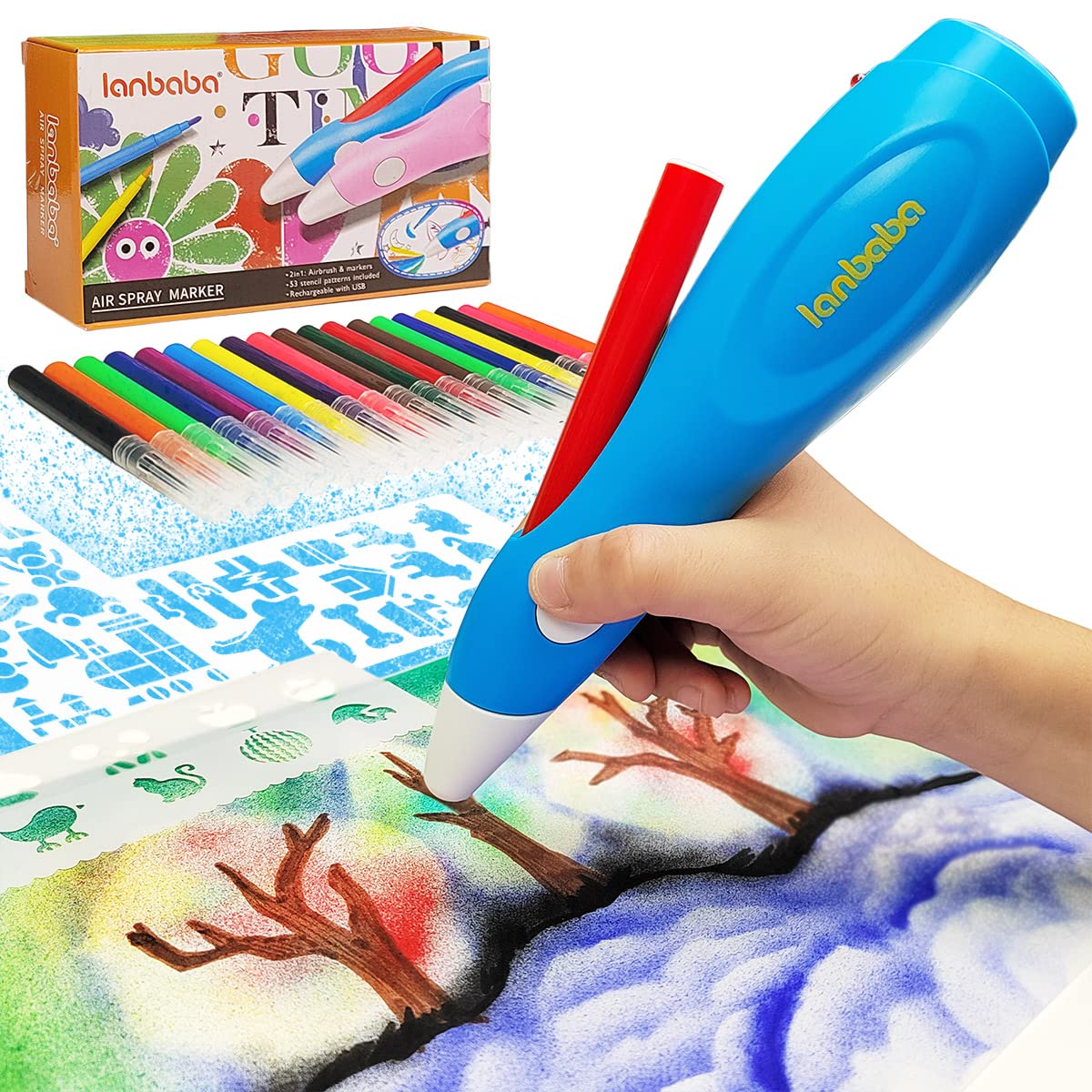 LANBABA Kid Spray Paint Electric Washable Airbrush Marker Set With 20 Colored Markers For School And Home, Color Wonder Mess Free Coloring Air Brush Sprayer Arts And Crafts For Kids Ages 8-12 4-8 (Bl)