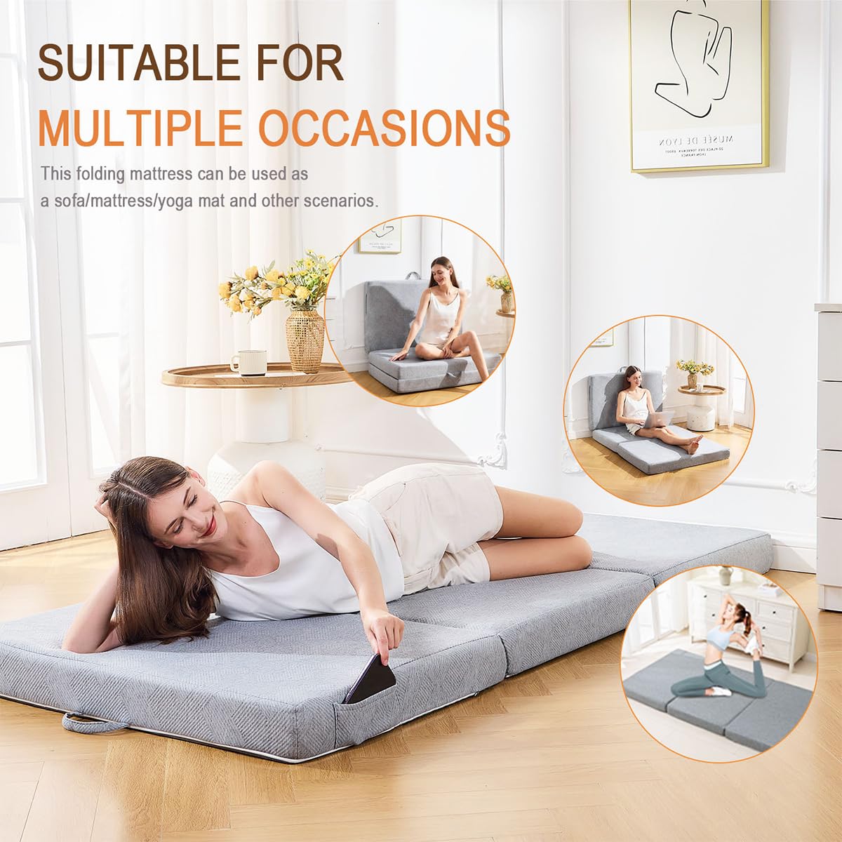 BlissfulRest Trifold Mattress Queen,4 Inch Foldable Mattress Queen,Folding Mattress Queen Removable and Washable with Handles and Non-Slip Bottom for RV/Camping/Guest Room, 78" x 58" x 4"