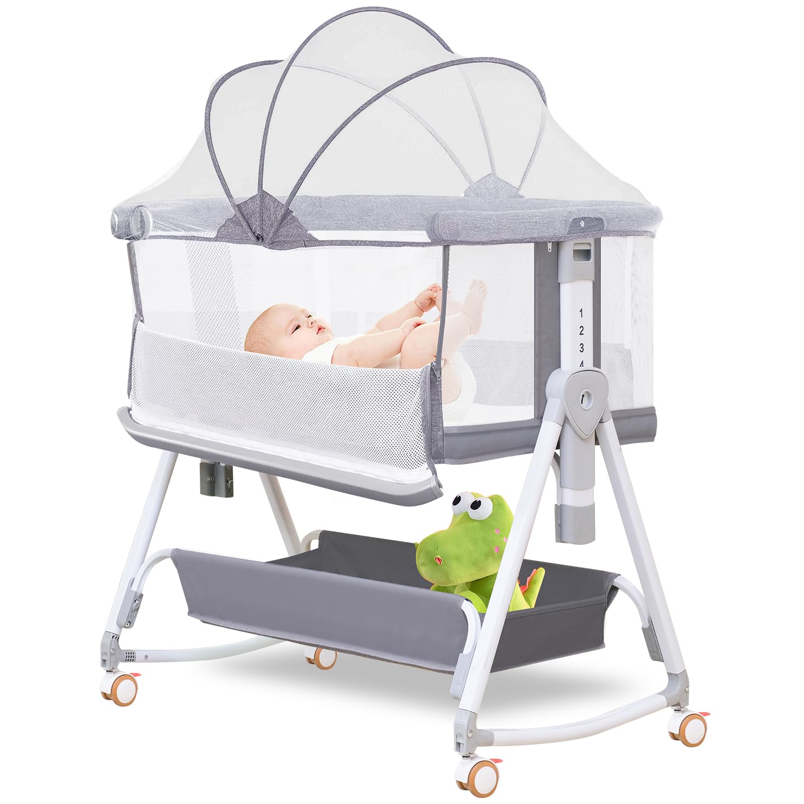 Baby Bassinet Bedside Sleeper for Baby with Wheels and Storage Basket ,All Mesh Portable Bedside Bassinet Co Sleeper for Newborn /Infant,7 Height Adjustable Easy to Assemble Bedside Crib(3 in 1,Black)