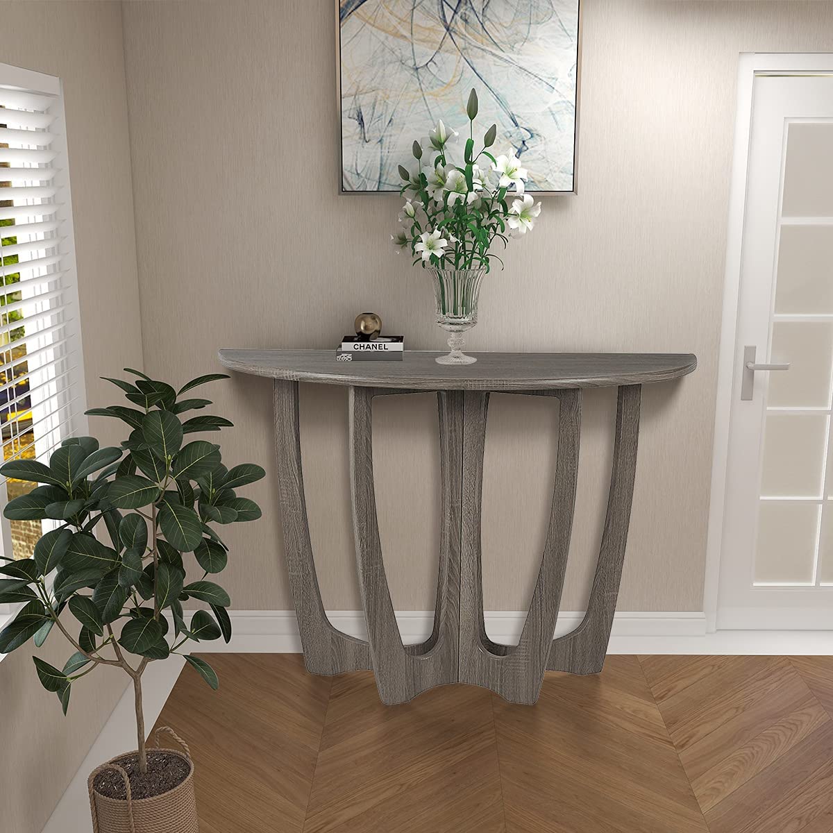 FINECASA Wooden Console Table, Half-Moon Entryway Table, Semicircle Narrow Side Table, Sofa Table for Living Room and Corridor, Foyer Table, Half Round Hallway Table, 43.4x17x30 Inches, Gray
