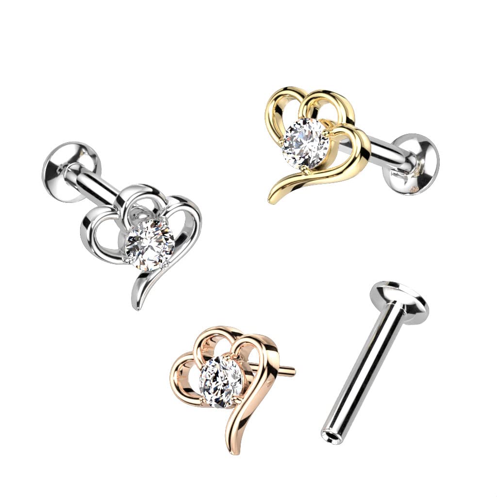 Amelia Fashion 16 GA Hollow Heart With CZ Center Threadless Push In Top 316L Surgical Steel Labret, Convex Back Stud (Choose Color) (L. 8mm - Clear)