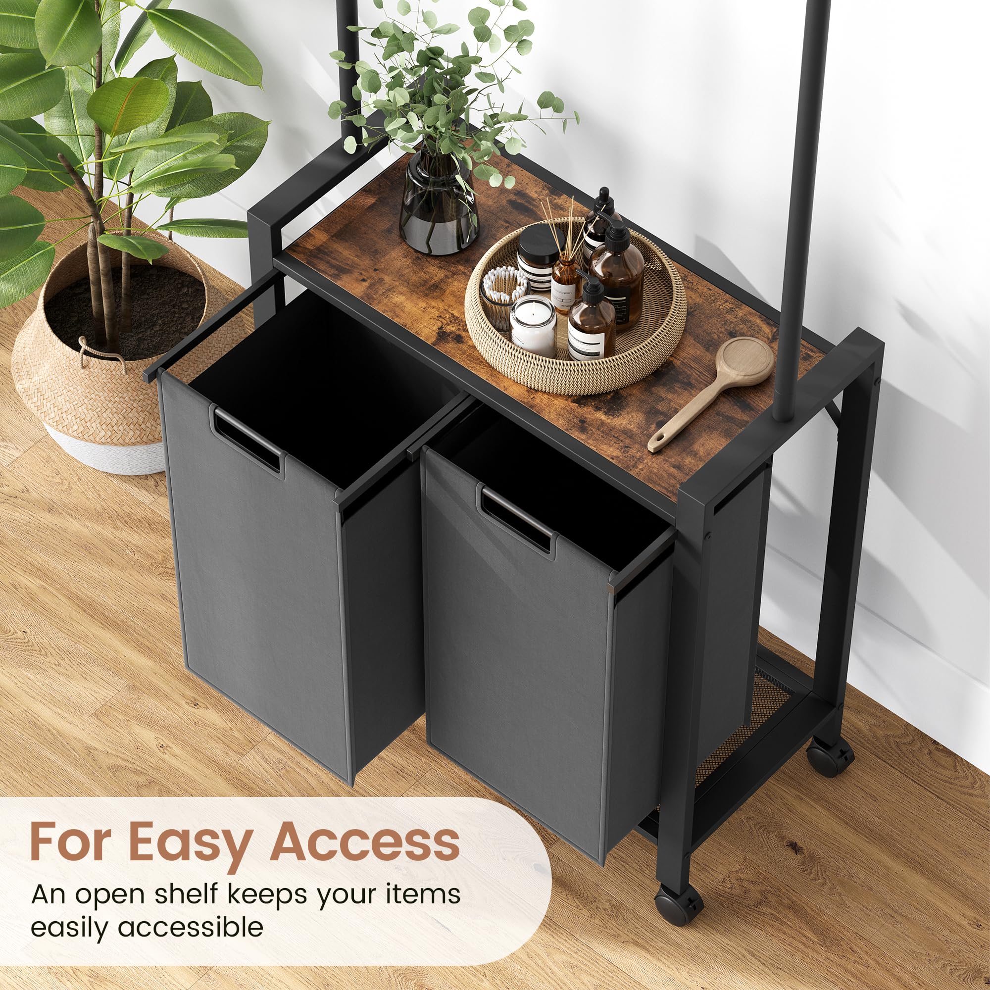 Laundry Sorter with Hanging Bar,Rolling Laundry Hamper 3 Section with Wheels,Laundry Basket Organizer with 3 Removeable Bag for Bathroom Bedroom Laundry Room