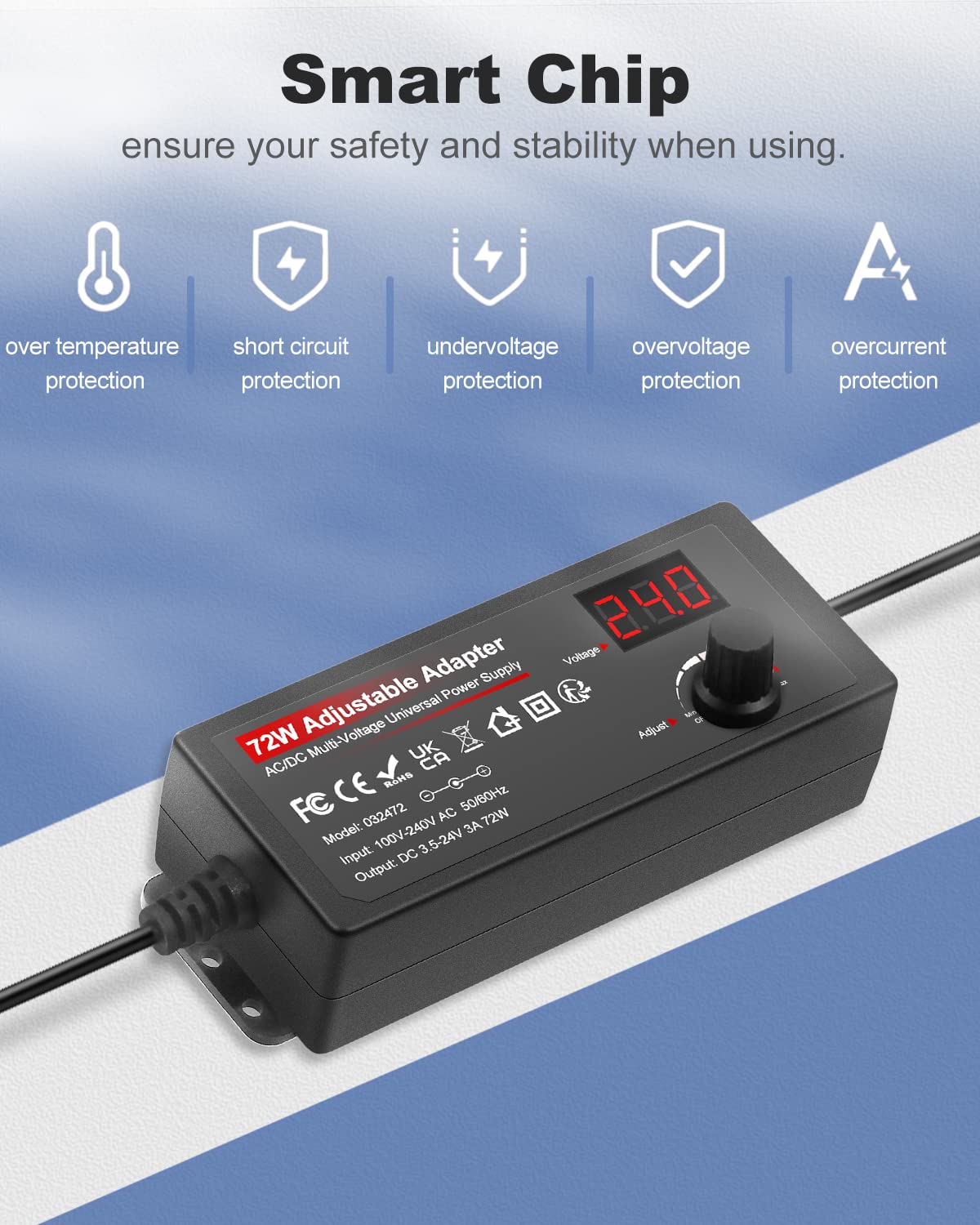 72W Variable Power Supply Adjustable DC 3V ~ 24V 3A Power Supply Adapter 100-240V AC to DC Converter 3-24 Volt 3 Amp Transformer Adjustable, 14 Tips &1 Reverse Polarity Cable
