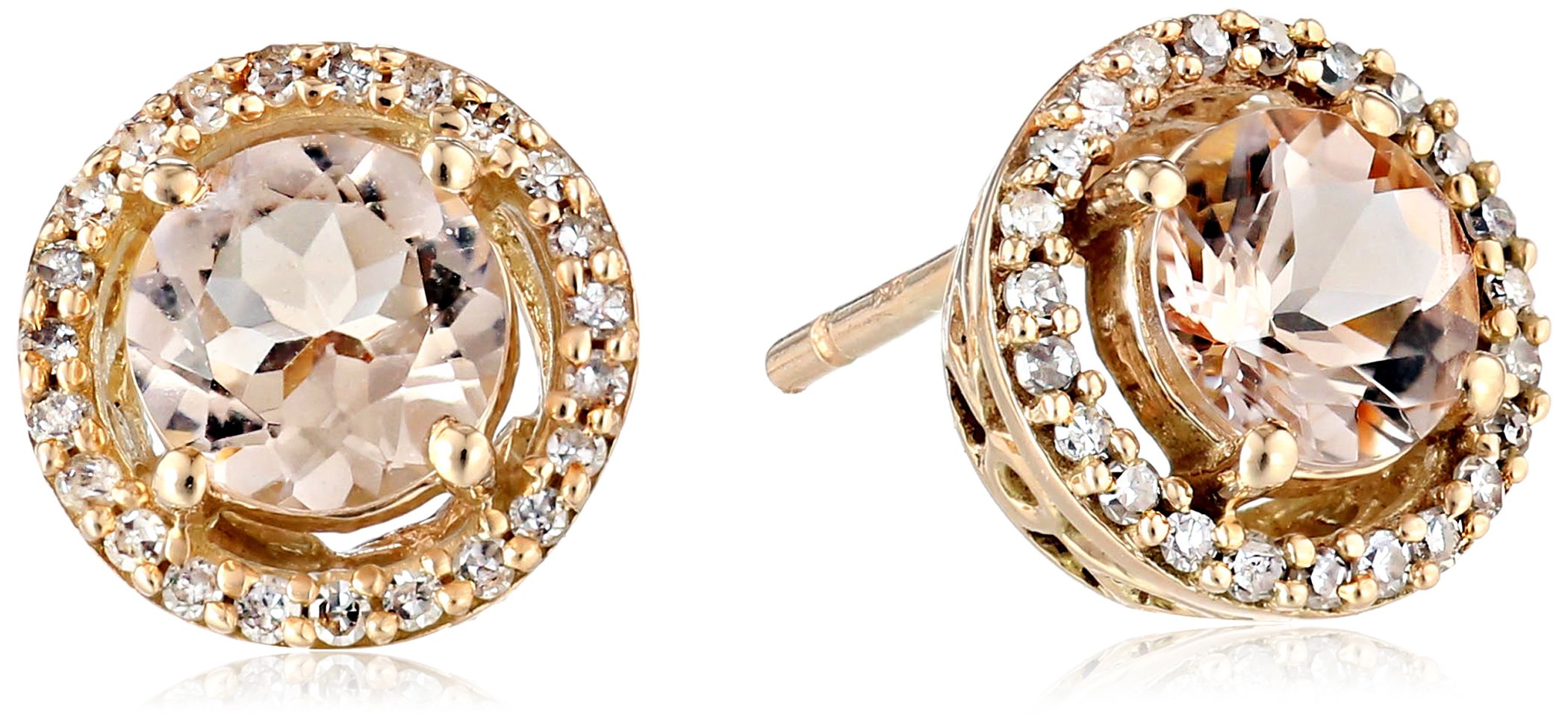 Amazon Collection 10K Rose Gold Morganite Round with Diamond Halo Stud Earrings (1/10 cttw)