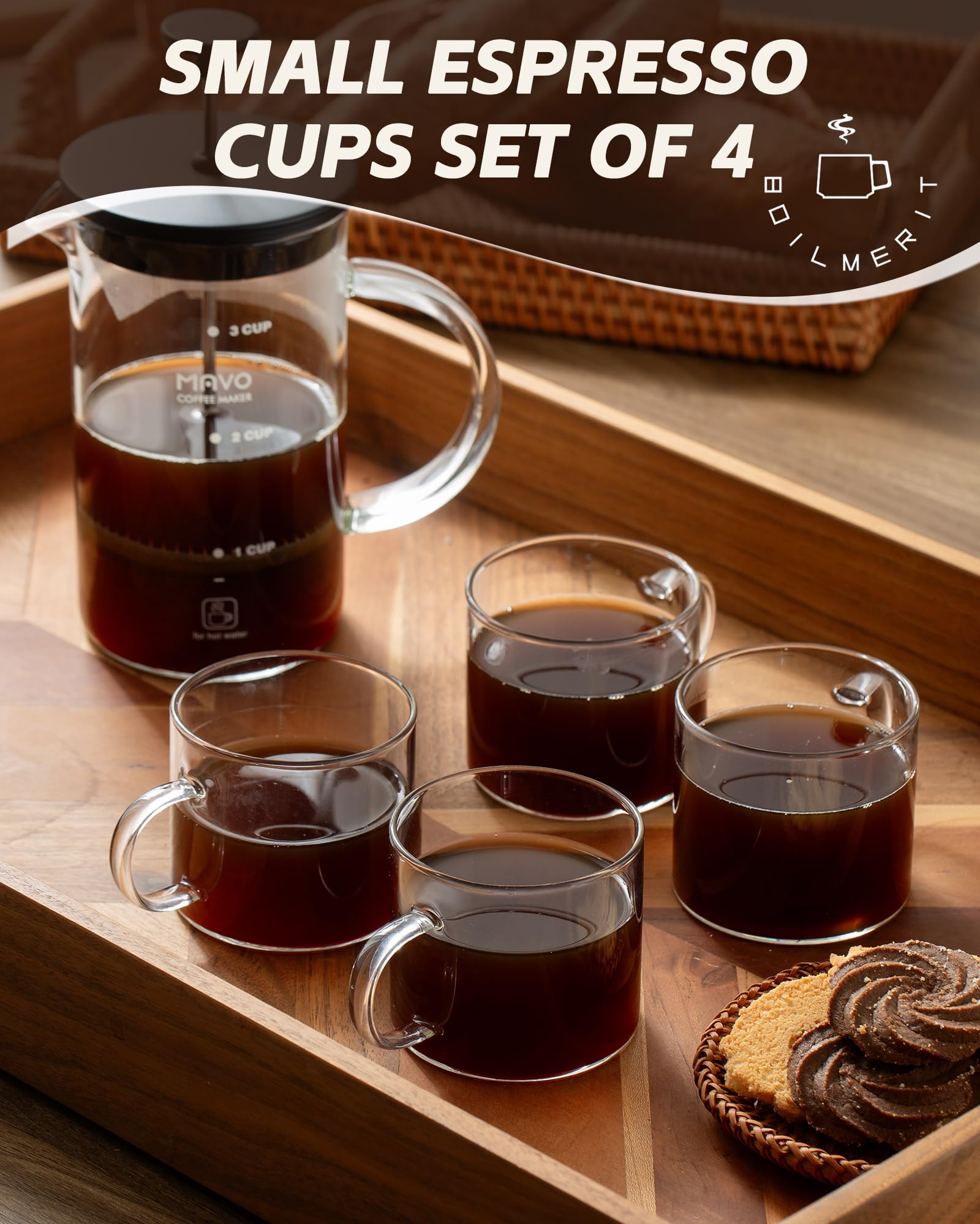 BOILMERIT Espresso Cups Set of 4, 5 oz Small Espresso Shot Glasses with Handle, Clear Espresso Coffee Mugs, Glass Demitasse Cups for Double Espresso or Tea, Coffee Machine, Espresso Accessories