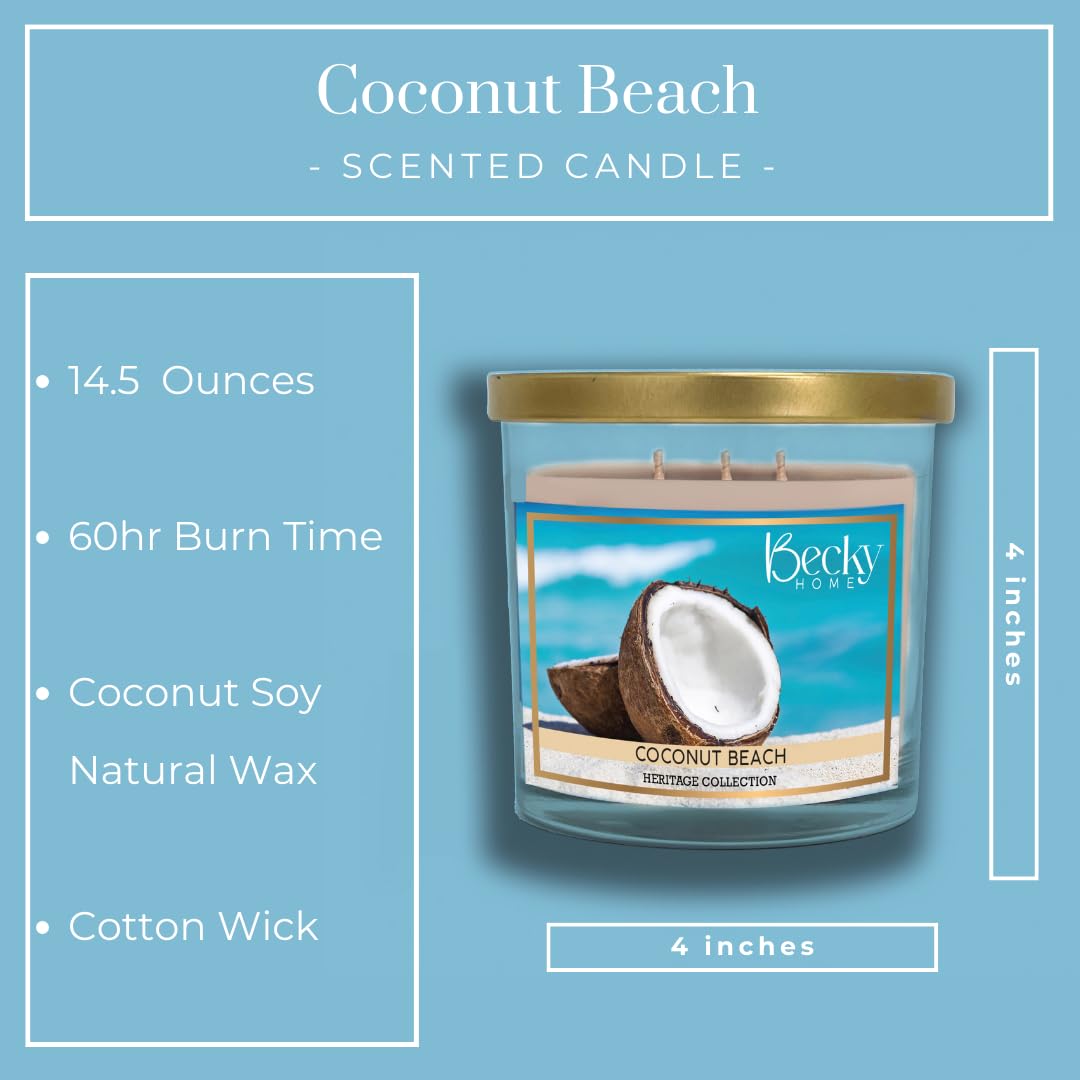 Coconut Beach Scented 3-wick Candle in Glass Jar | Candles for Home | 14.5oz Rustic Home Decor Novelty Candle | 60 Hour Burn Time Candle