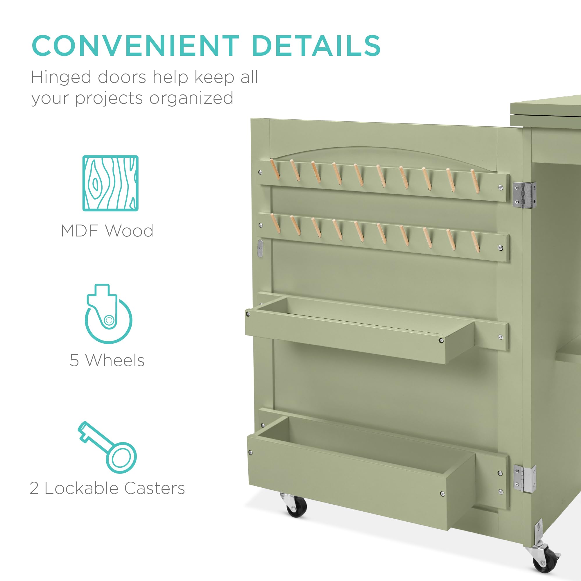 Best Choice Products Folding Sewing Table Multipurpose Craft Station & Side Desk with Compact Design, Wheels, Shelves, Storage Trays, Pegs, Magnetic Doors, Metal Doorknobs - Light Green