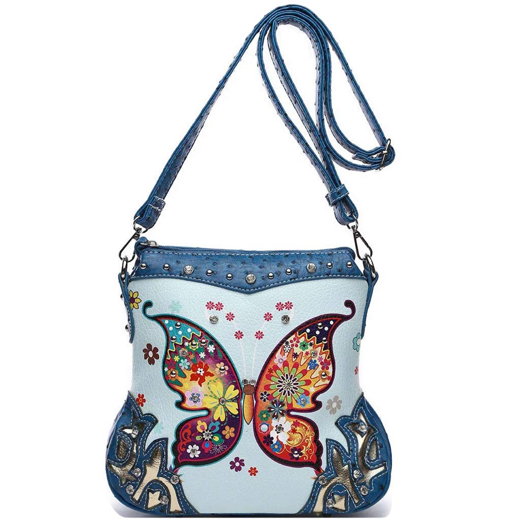 Butterfly Flower Concealed Carry Purse Women Spring Rhinestone Crossbody Handbags Single Shoulder Bag (Blue)