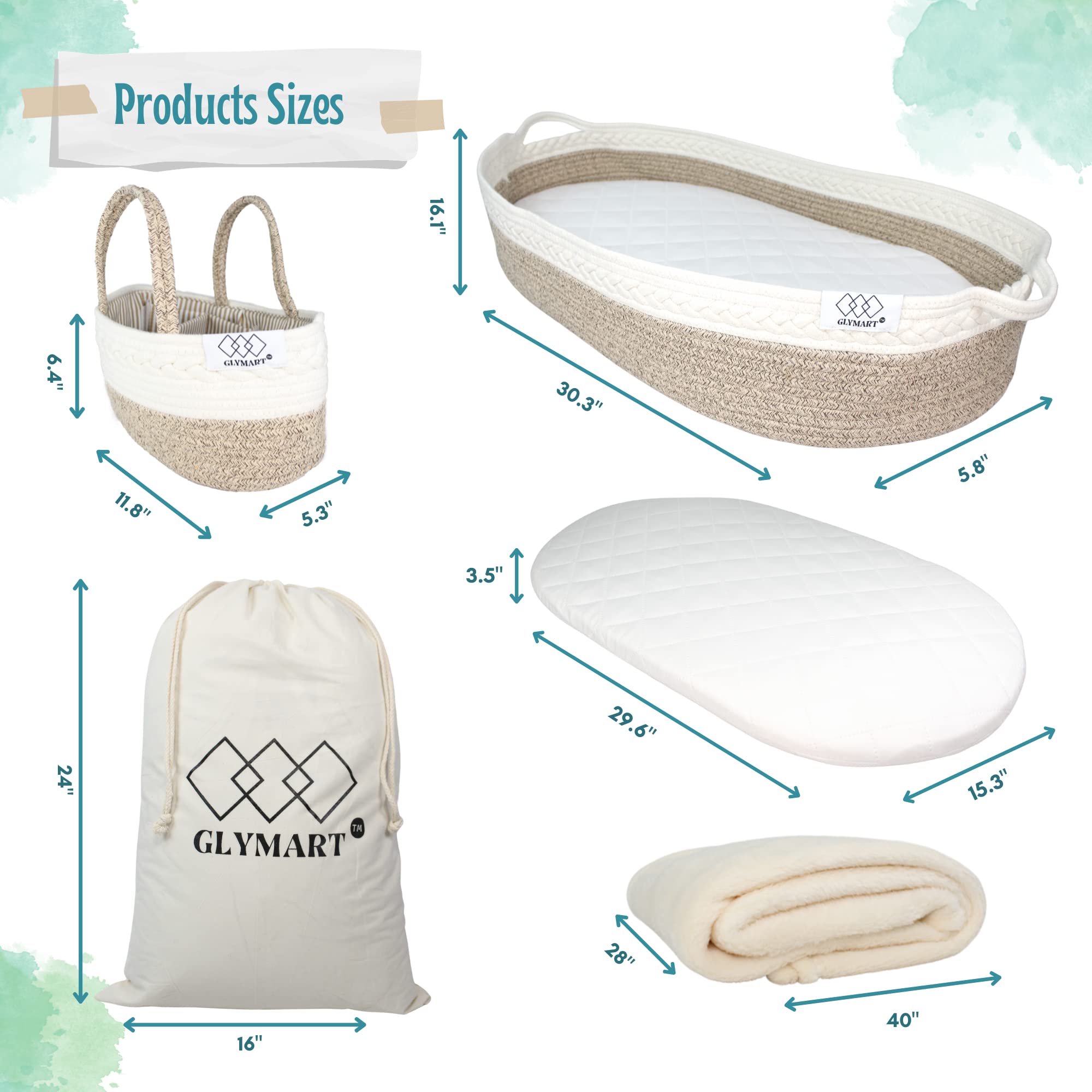 Baby Changing Basket-Diaper Caddy Organizer-Thick Foam Soft Pad & Waterproof Cover w/an Ultrasoft Blanket-Changing Table Topper-6 Piece Set