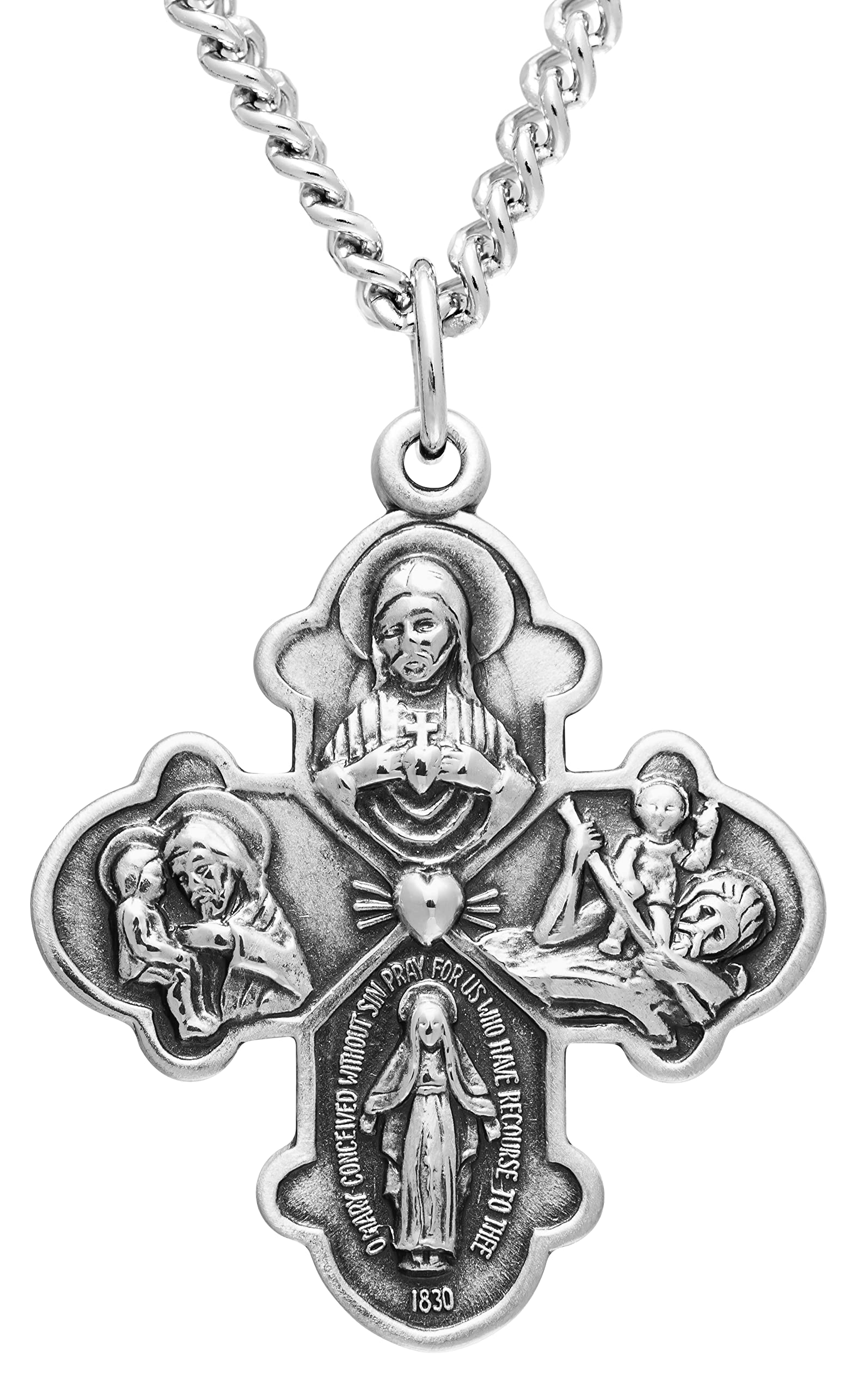 Amazon Essentials Sterling Silver Four Way Medal with Antique Finish and Stainless Steel Chain, 24" (previously Amazon Collection)