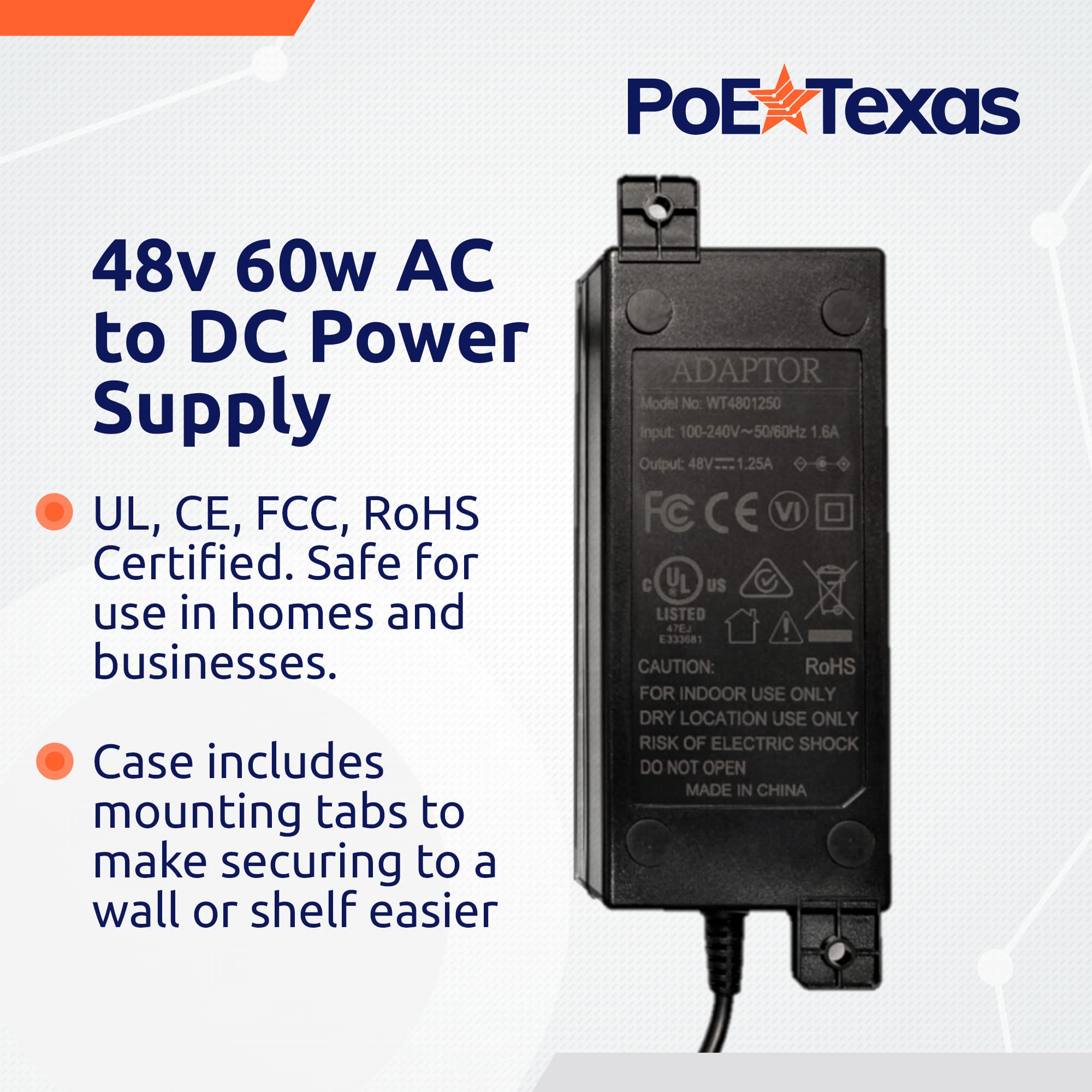 PoE Texas 48v Power Supply - 48 Volt 60 Watt AC to DC Power Supply for Power Over Ethernet, PoE Injector, Adapter, Splitter, Extender, Network Switch - 60w 48vDC PoE Power for 802.3af, 802.3at Devices