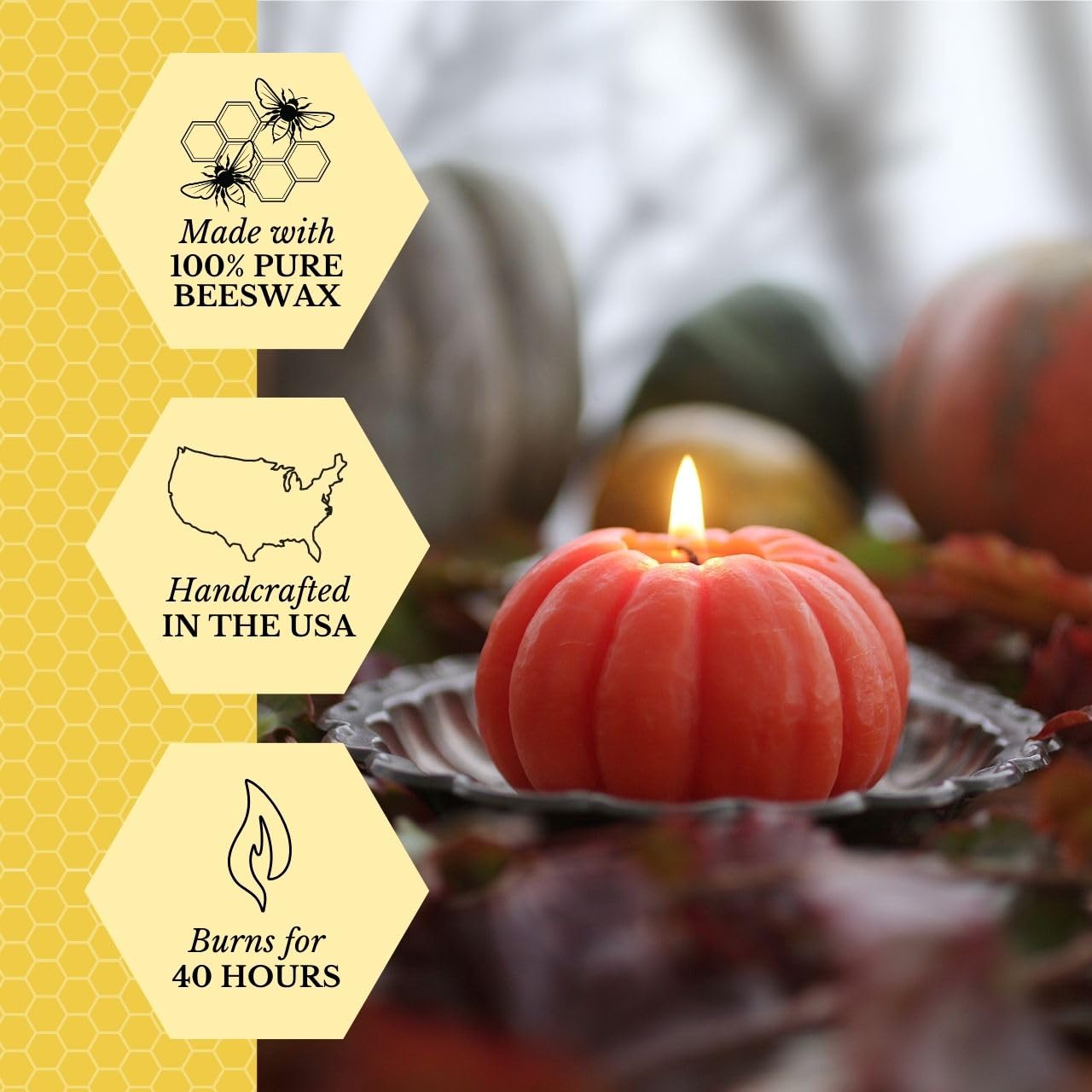 Big Dipper Wax Works Small Dark Orange Pumpkin Candle, 20-Hour Long Burn, Pure Beeswax Sculpted Candle, 3β x 2β, Fall Candle