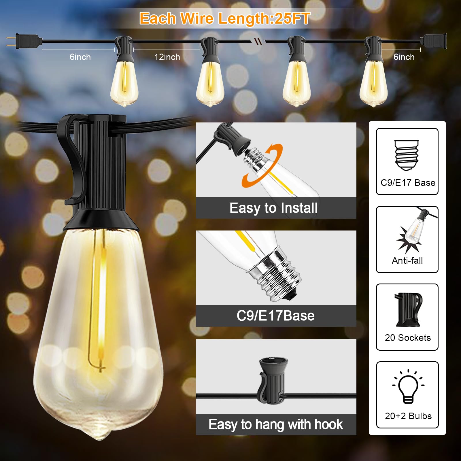 G40 Outdoor String Lights 50FT LED Backyard Lights, Globe Shatterproof String Light, Commercial Hanging Lights for Garden Terrace Decoration Wedding Cafe pergola, Brown Wire