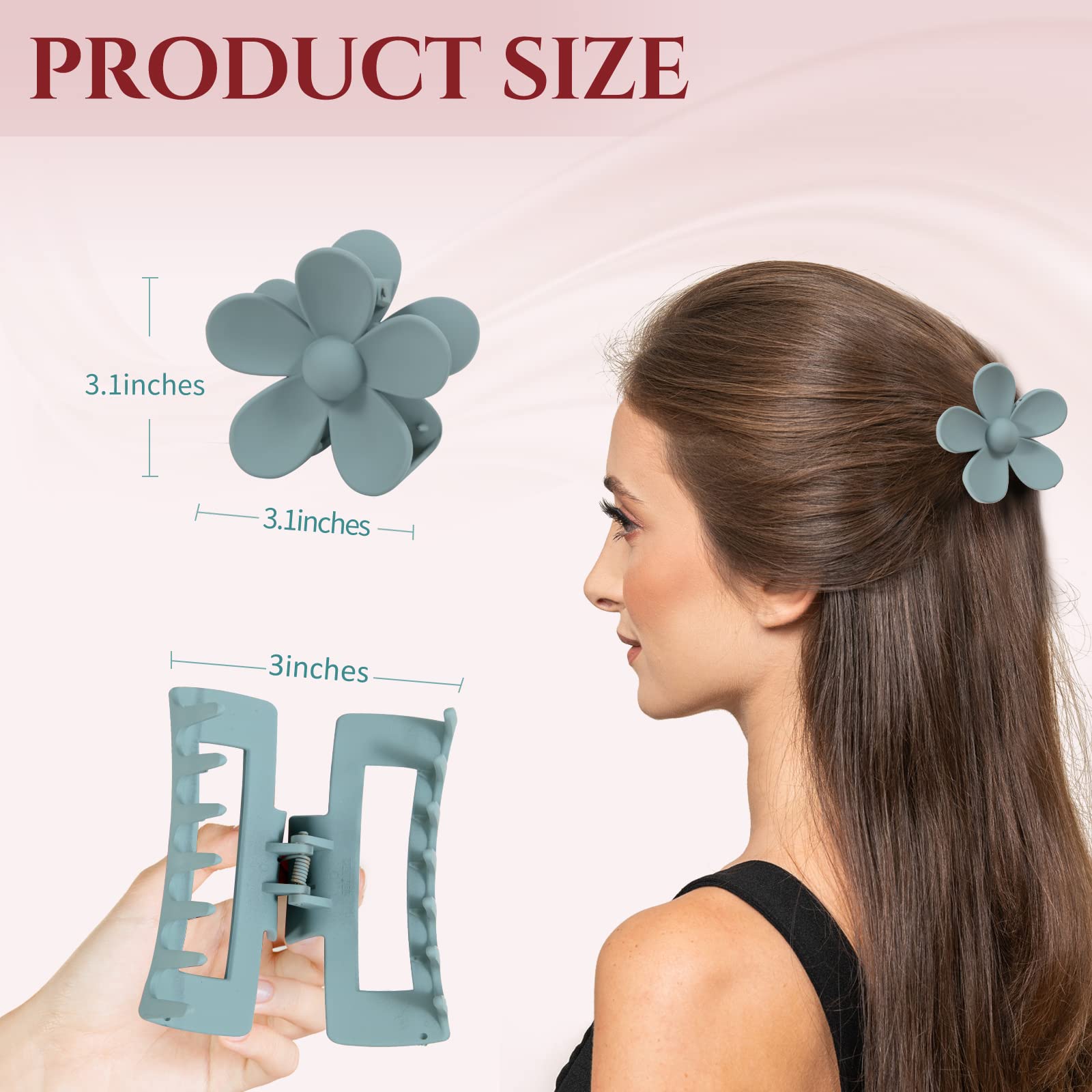 8 Pack Medium Flower and Square Hair Clips, 3.5" Cute Matte Claw Clips for Women and Girls, 2 Styles for Thick and Thin Hair