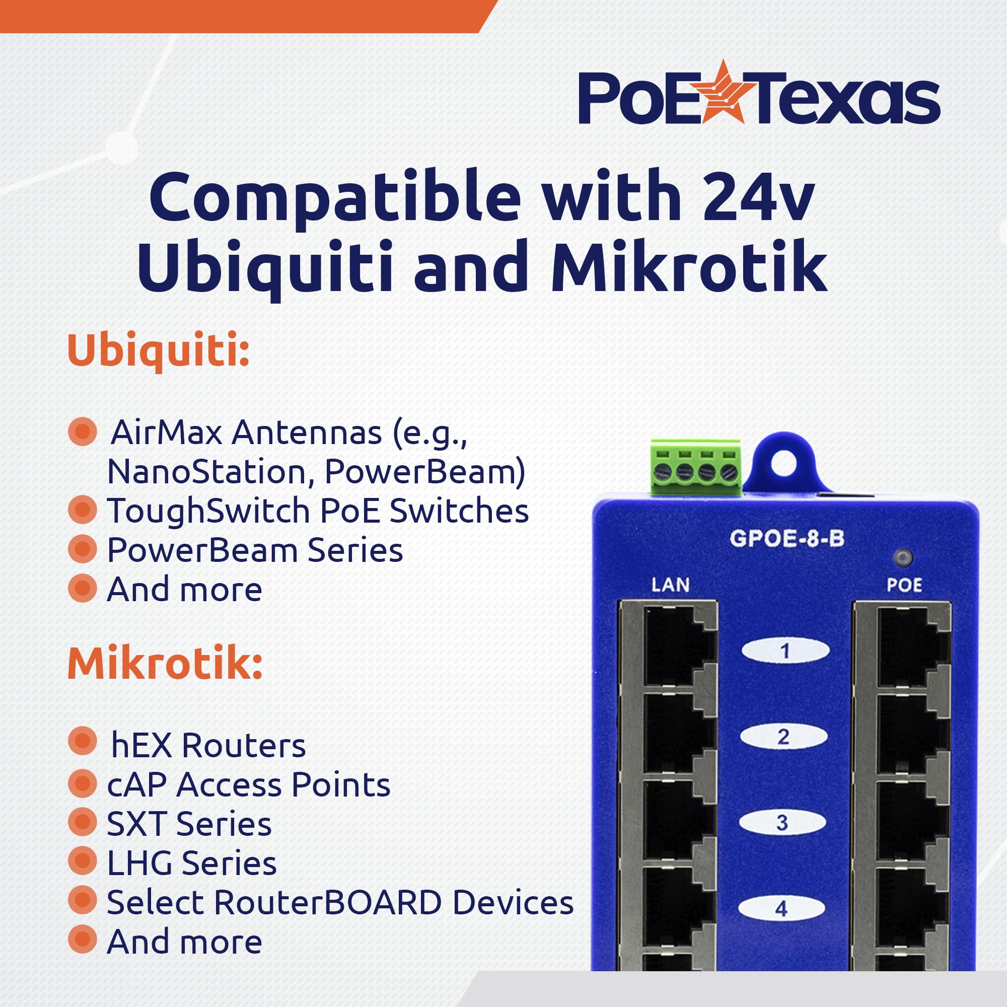 PoE Texas GPOE-8B - 8 Port PoE Injector - Gigabit Passive Mode B Power Over Ethernet Injector for Ubiquiti, Mikrotik & More - Add PoE to A Non-PoE Switch - 24v, 48v or 56v Power Supply Sold Separately