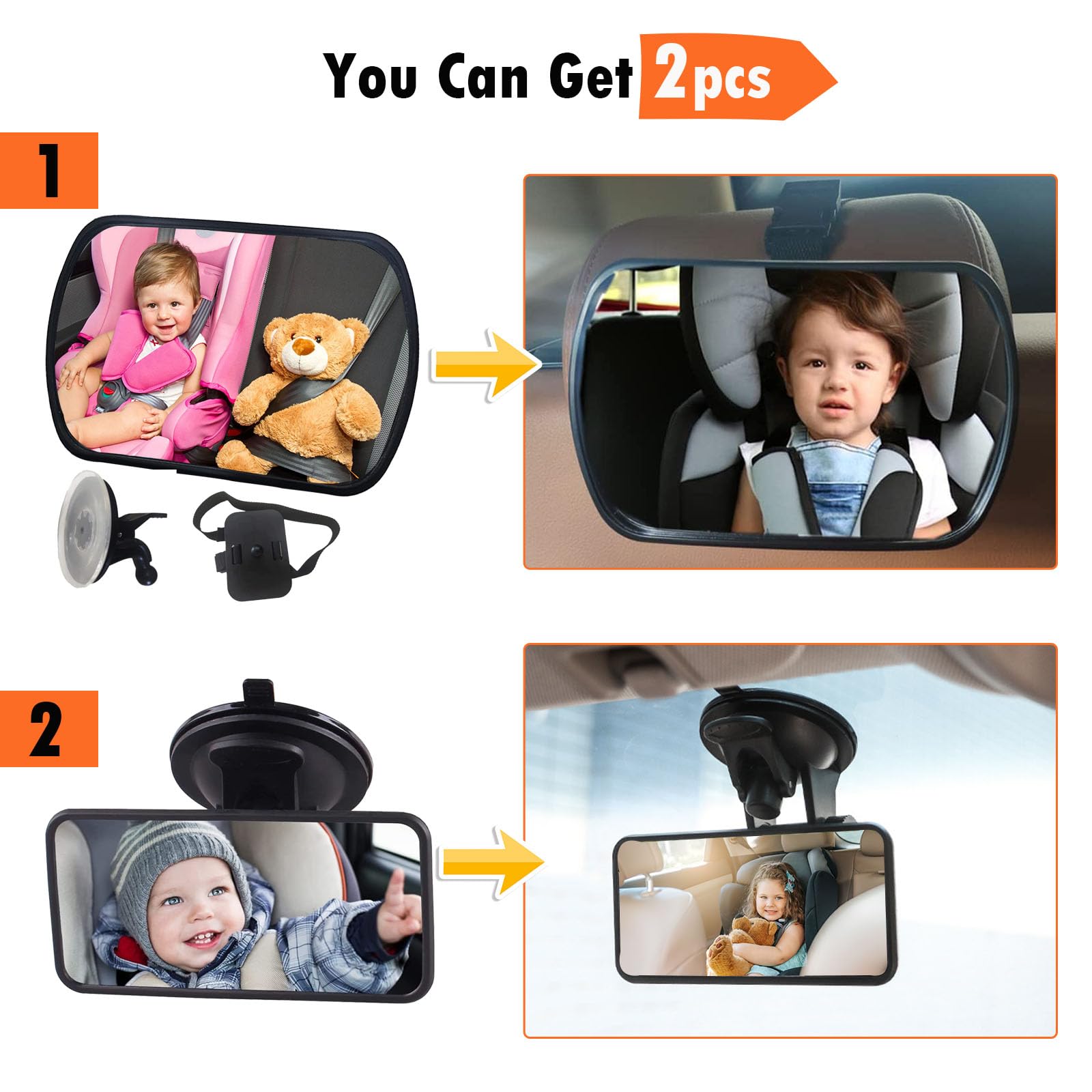 Baby Car Mirror 2 pack, Baby Mirror for Car Suction Cup Forward Facing Infant Mirror 360 °Adjustable Car Seat Mirror for Baby Rear Facing