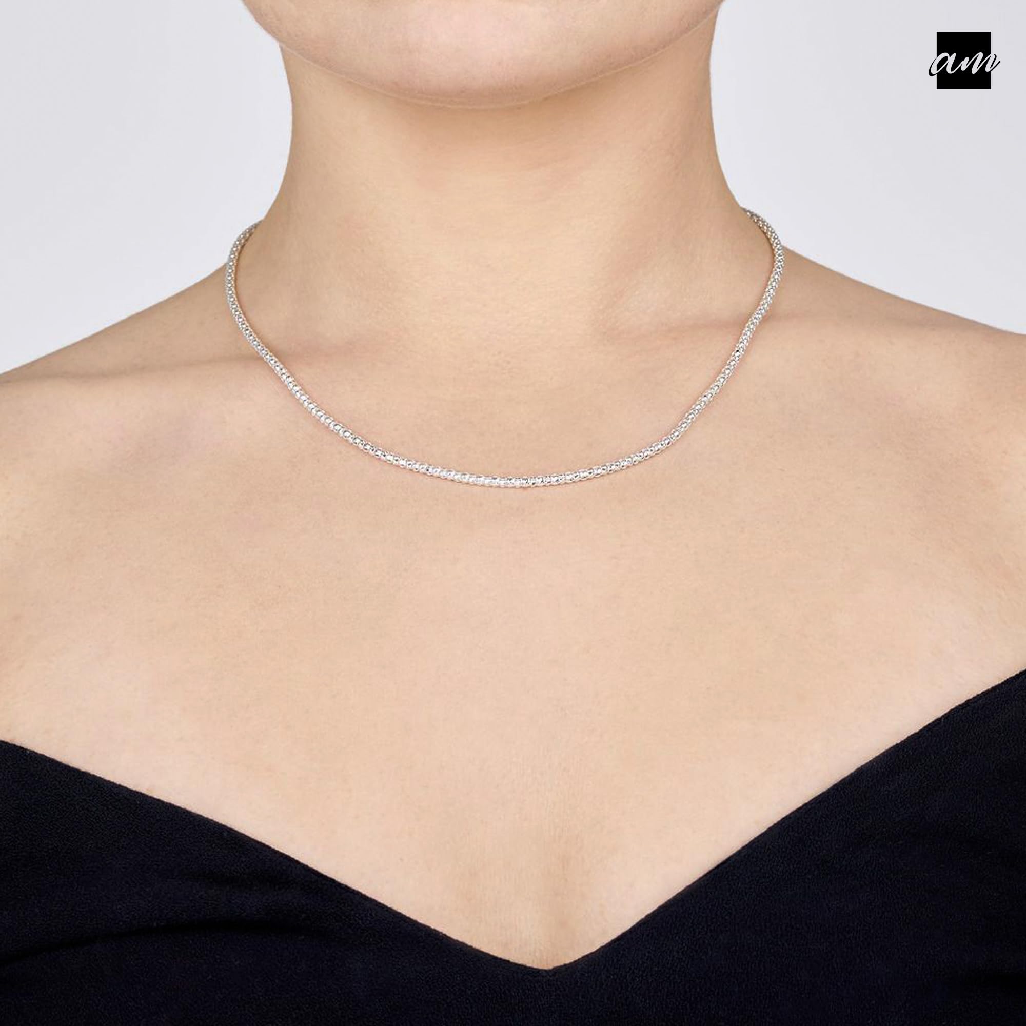 Amberta 925 Sterling Silver 2.5 mm Diamond Cut Popcorn Coreana Chain Necklace Length 24" inch / 60 cm (24)